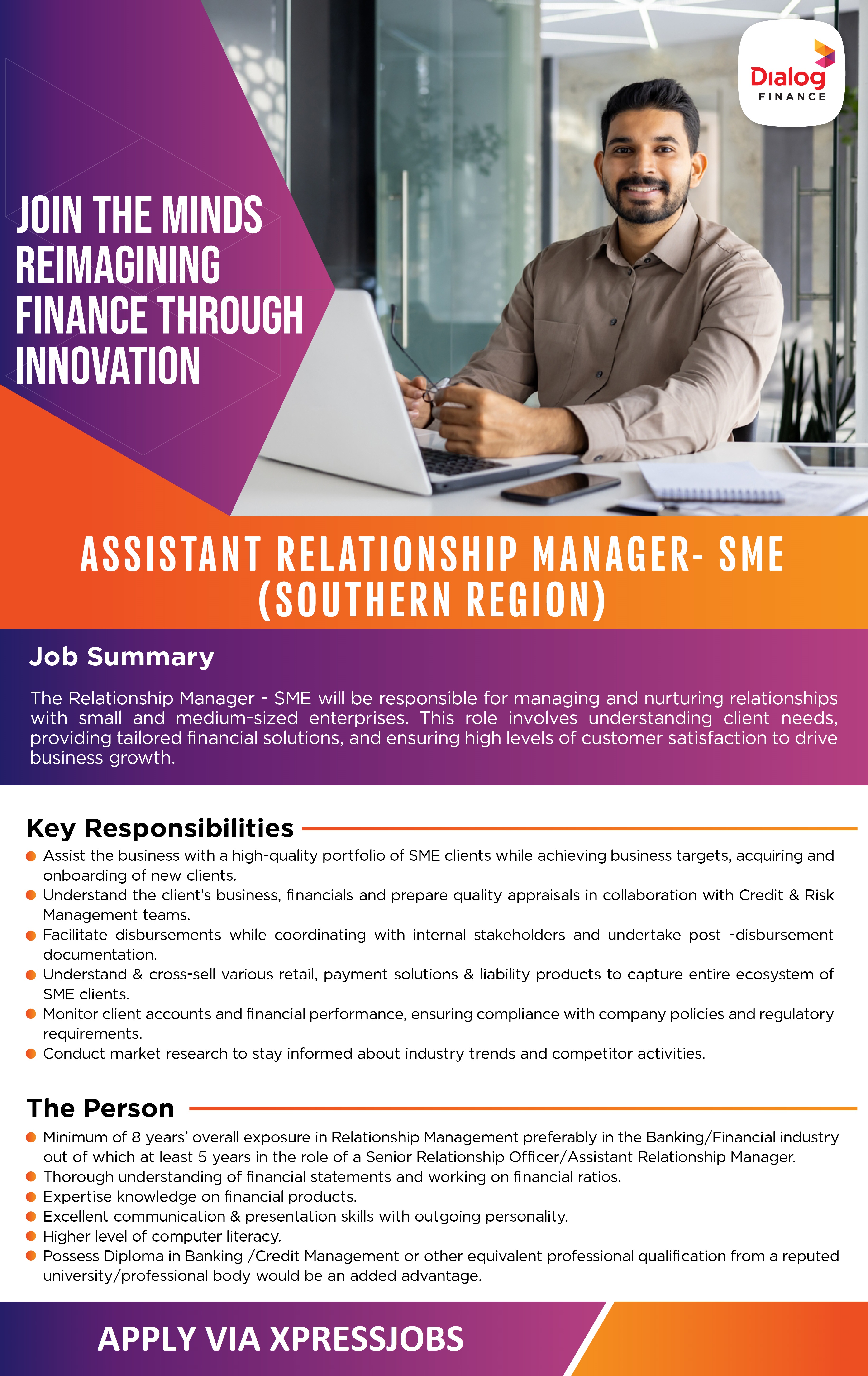 Assistant Relationship Manager - SME (Southern Region) - Dialog Finance ...
