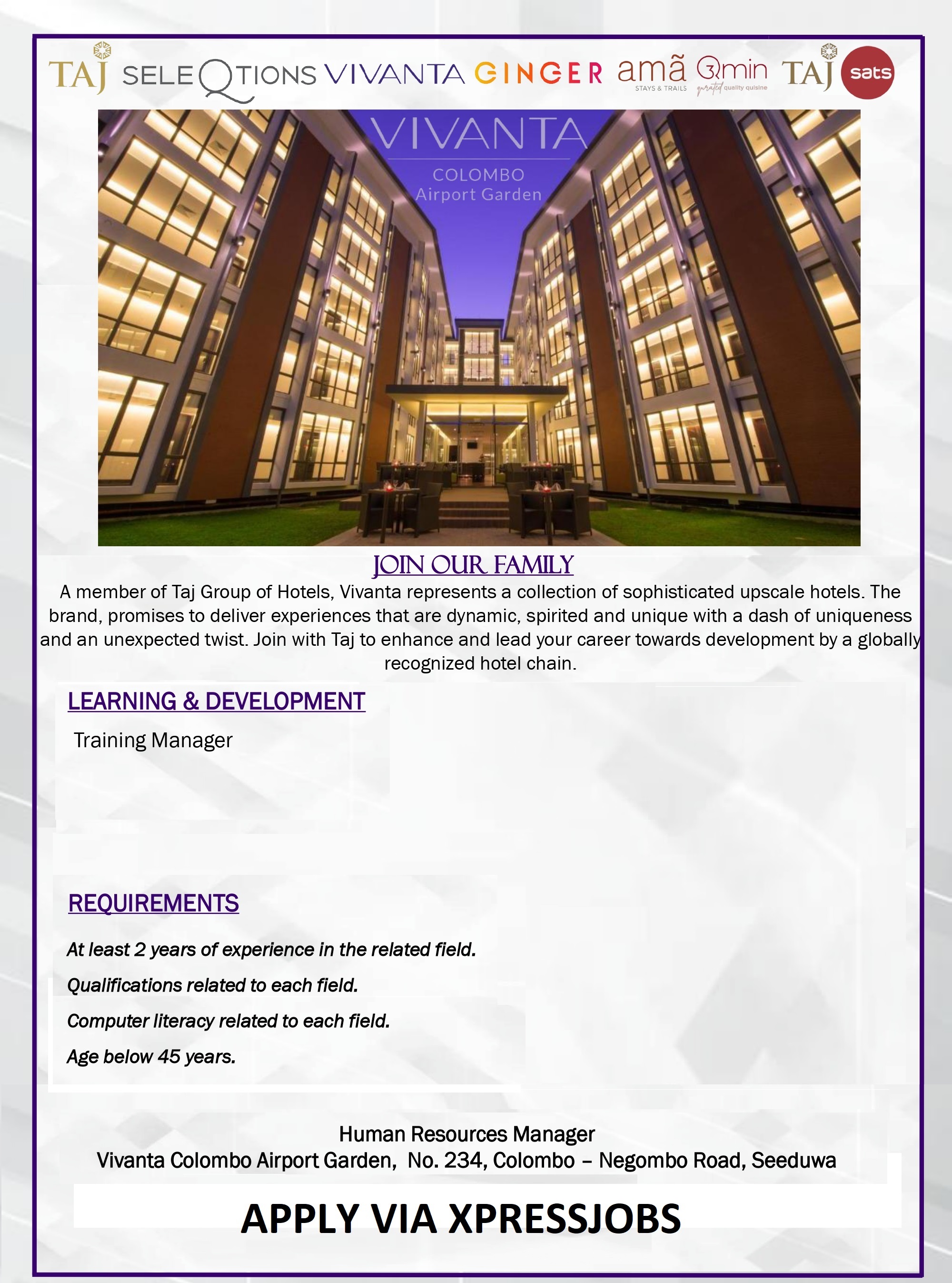 Learning & Development - Training Manager - Vivanta Colombo Airport ...