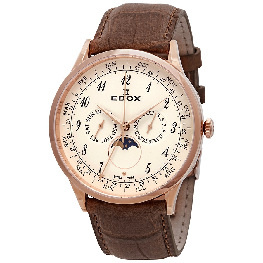 Edox Les Vauberts Rose Dial Brown Leather Mens 40101 37RC BEBR