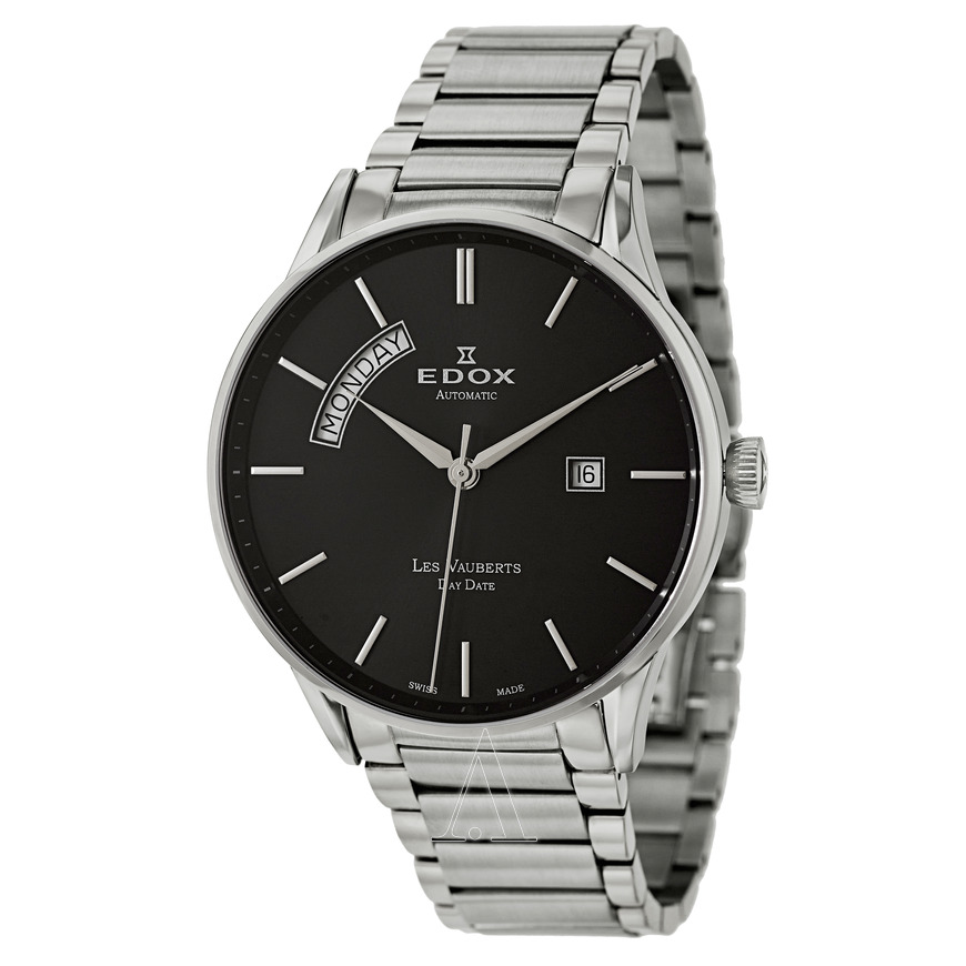 Edox Mens 83011-3N-NIN Les Vauberts Automatic Black Dial Stainless ...