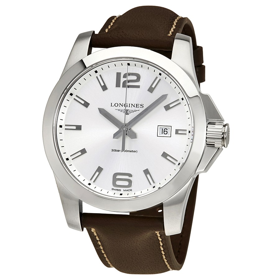 Longines Conquest Silver Dial Brown Leather Mens L3.760.4.76.5 (L37604765)
