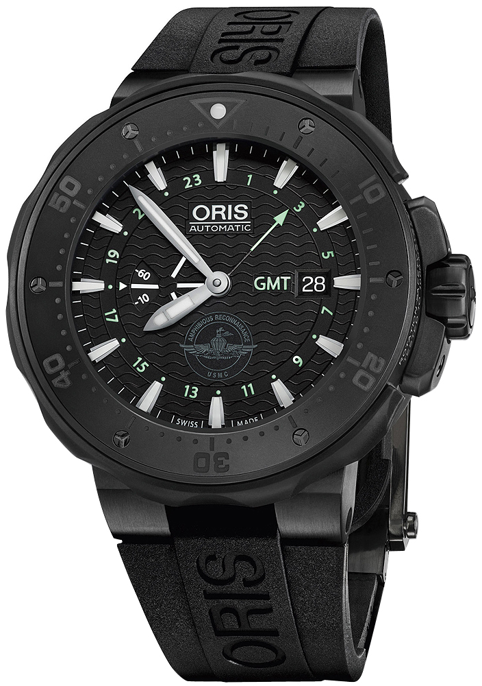 Oris Pro Diver Force Recon GMT Black Dial Black Rubber Mens 74777157754SET