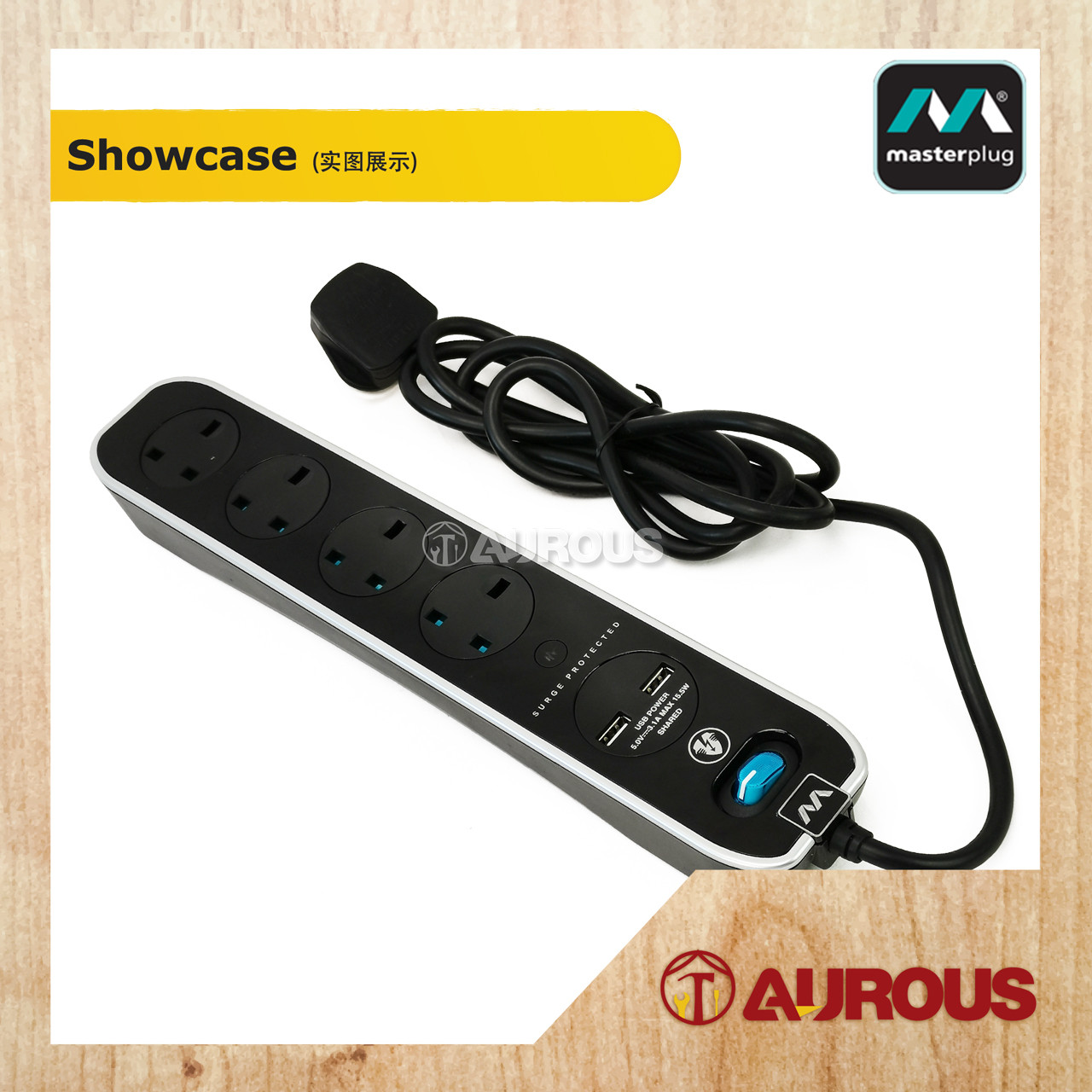 MASTERPLUG EXTENSION LEAD SURGE PROTECTED SOCKET C/W 2 USB POWER 2M X 4 ...