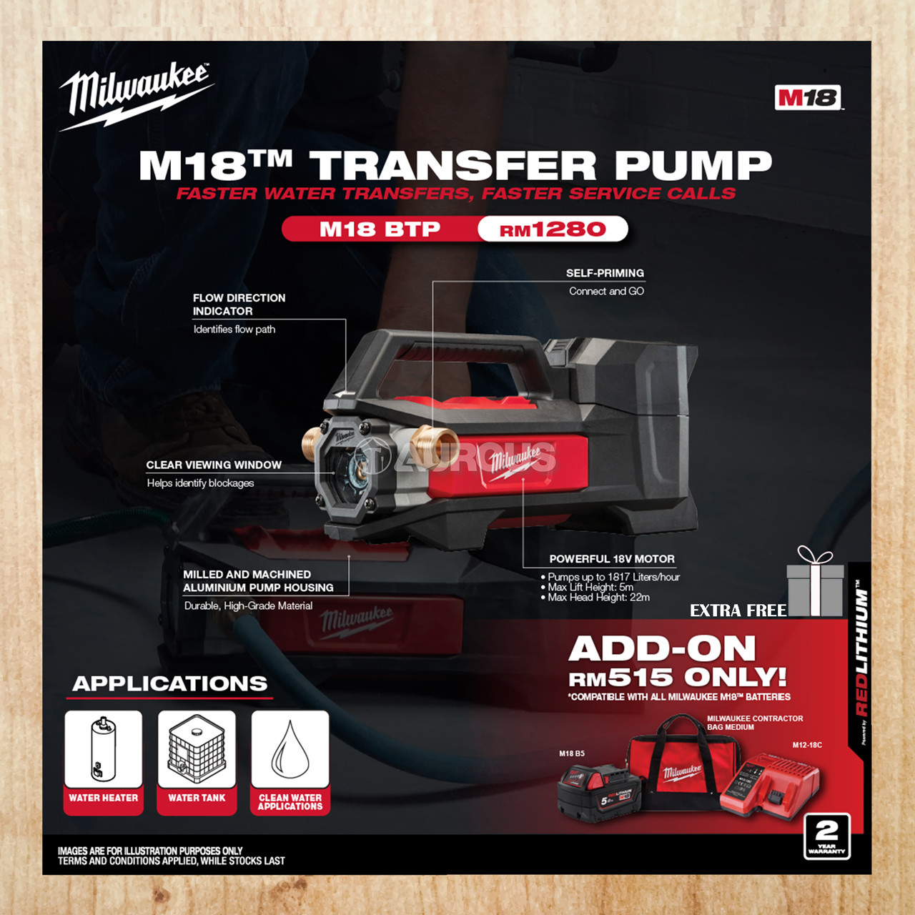 MILWAUKEE M18 WATER TRANSFER PUMP APJ 30 LITRE PER MINUTE M18 BTP-0 ...