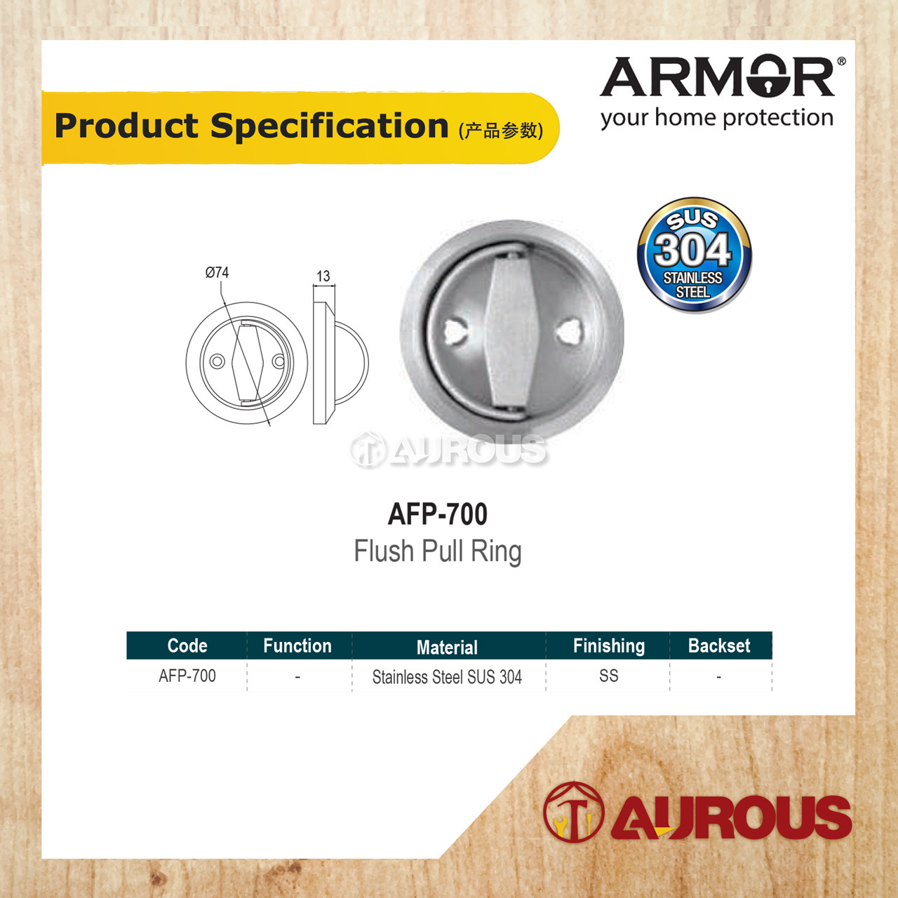 ARMOR STAINLESS STEEL SUS304 FLUSH PULL RING DOOR HANDLE (AFP-700/SS ...