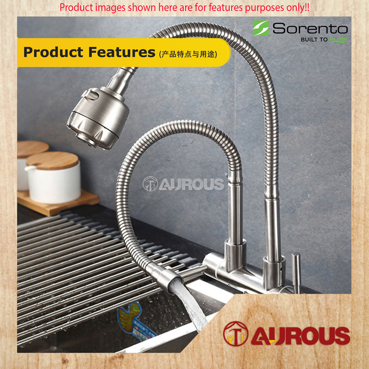 SORENTO DOUBLE FLEXIBLE PILLAR MOUNTED KITCHEN SINK WATER TAP ...