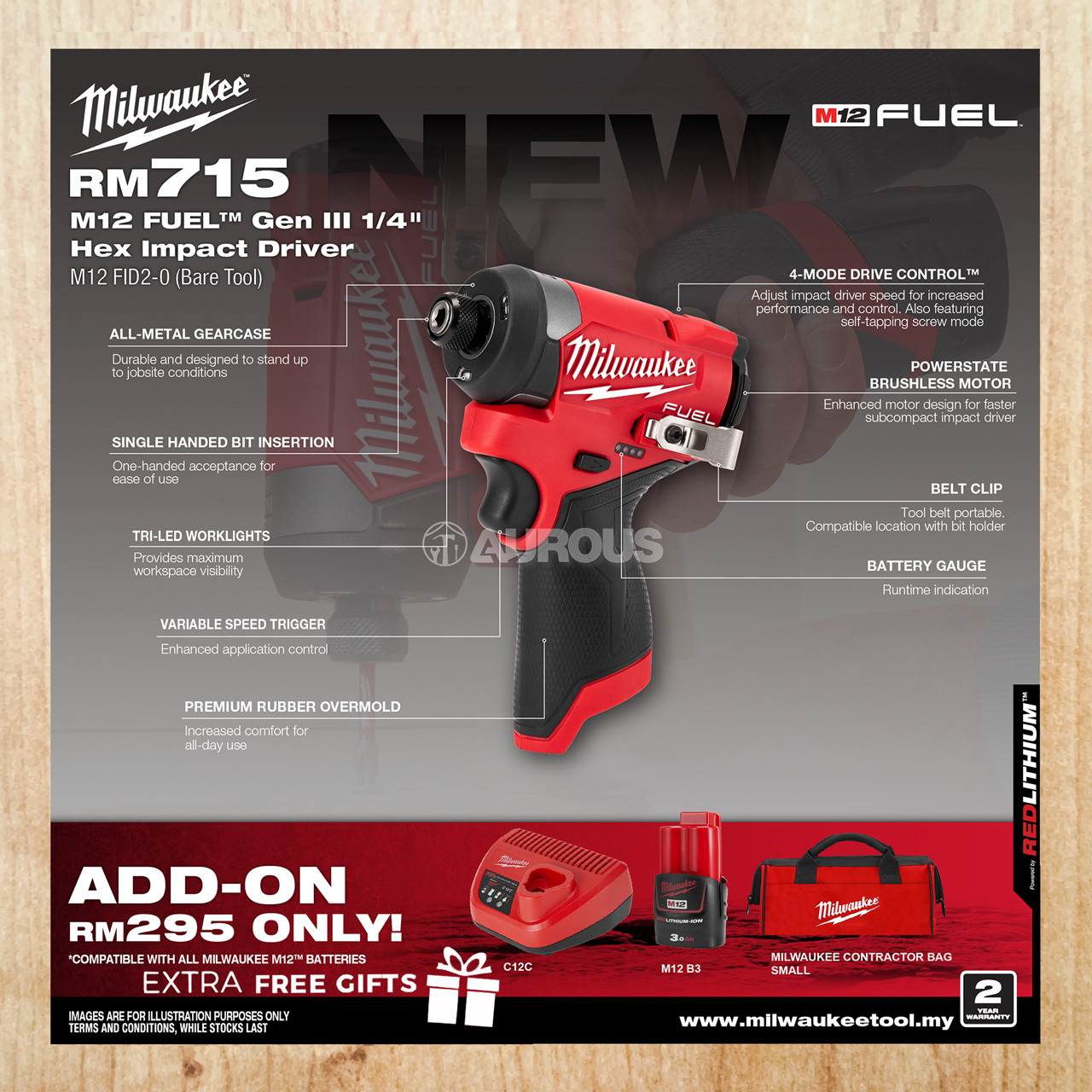 MILWAUKEE M12 FUEL GEN 3 1/4'' HEX IMPACT DRIVER M12 FID2-0 (BARE TOOL ...