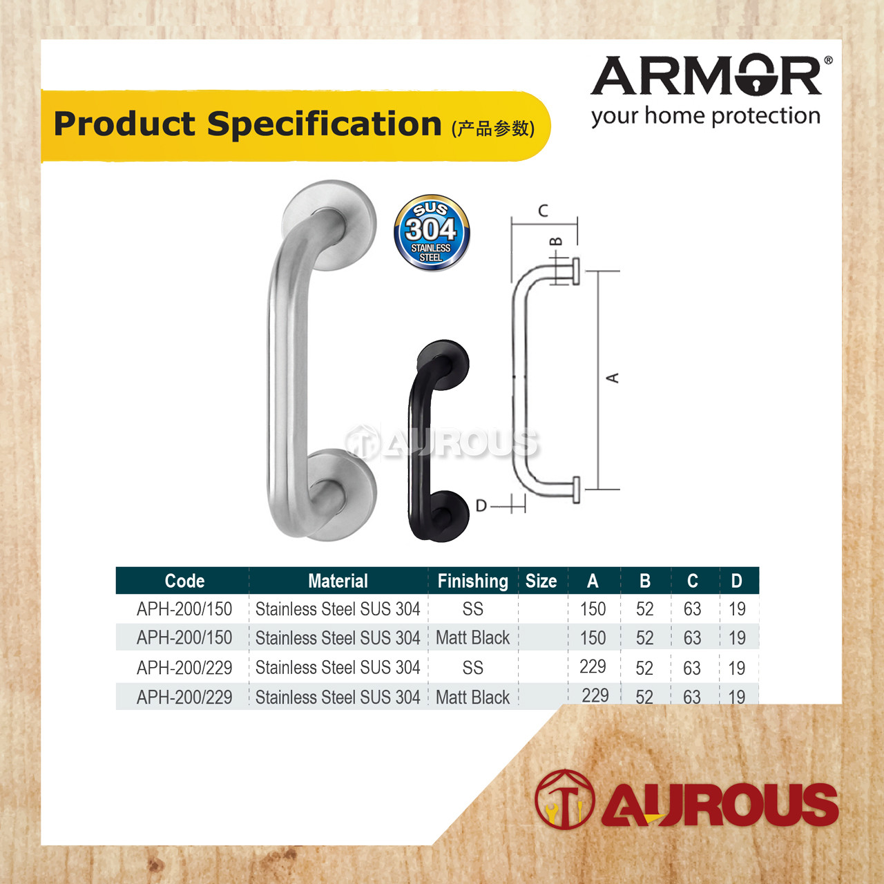 ARMOR STAINLESS STEEL SUS304 DOOR PULL HANDLE APH-200 (6" , 9'') (SS/MB) - Aurous Hardware ...