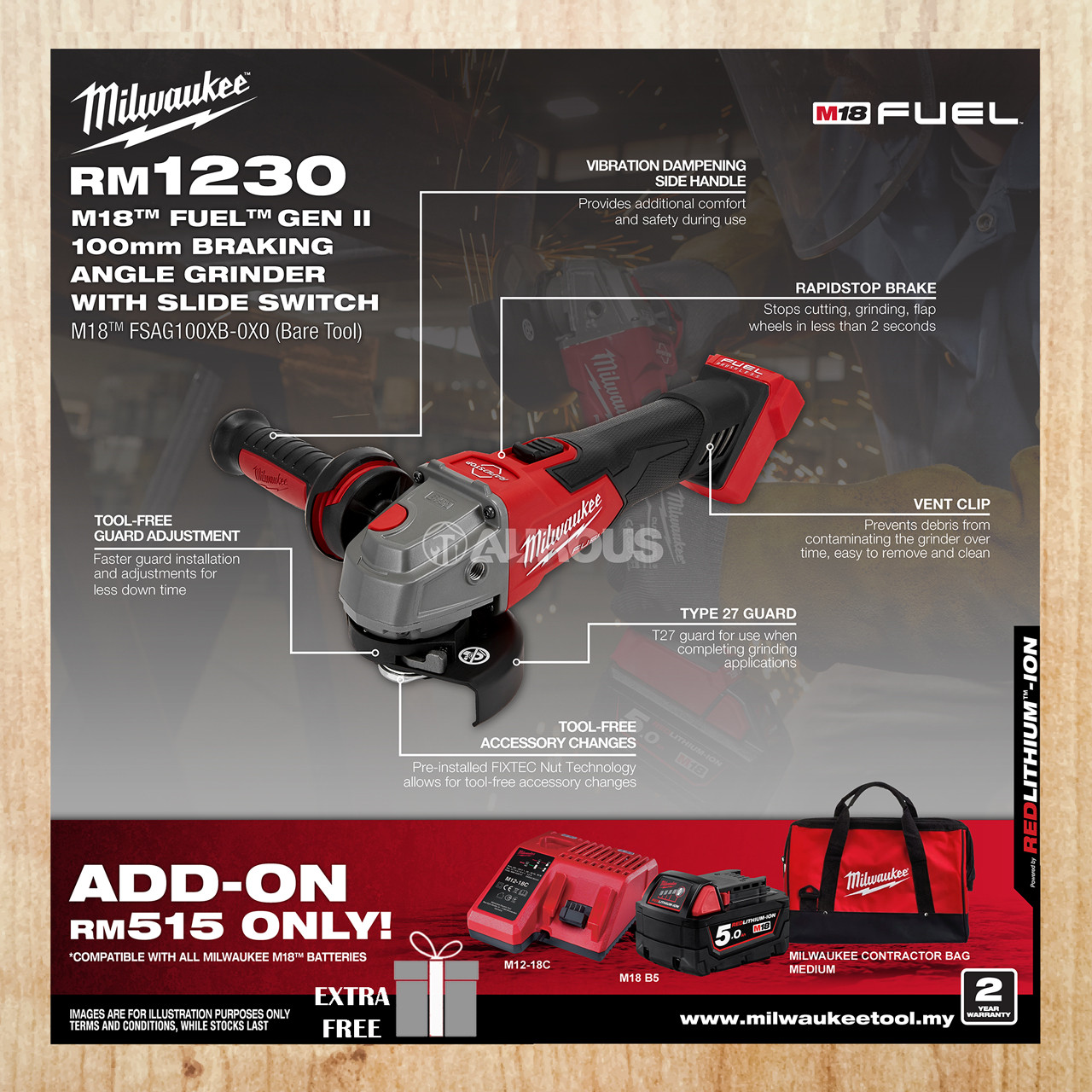 MILWAUKEE M18 FUEL 4" 100MM BRAKING ANGLE GRINDER RAPID STOP WITH SLIDE ...