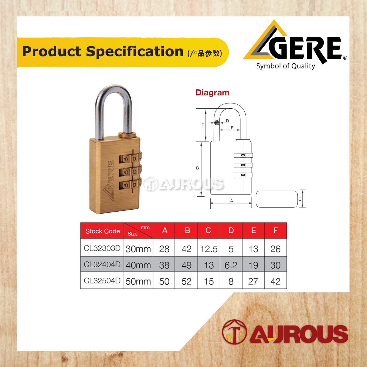 GERE COMBINATION PADLOCK (CL32303D / CL32404D / CL32504D) - Aurous Hardware Online Store