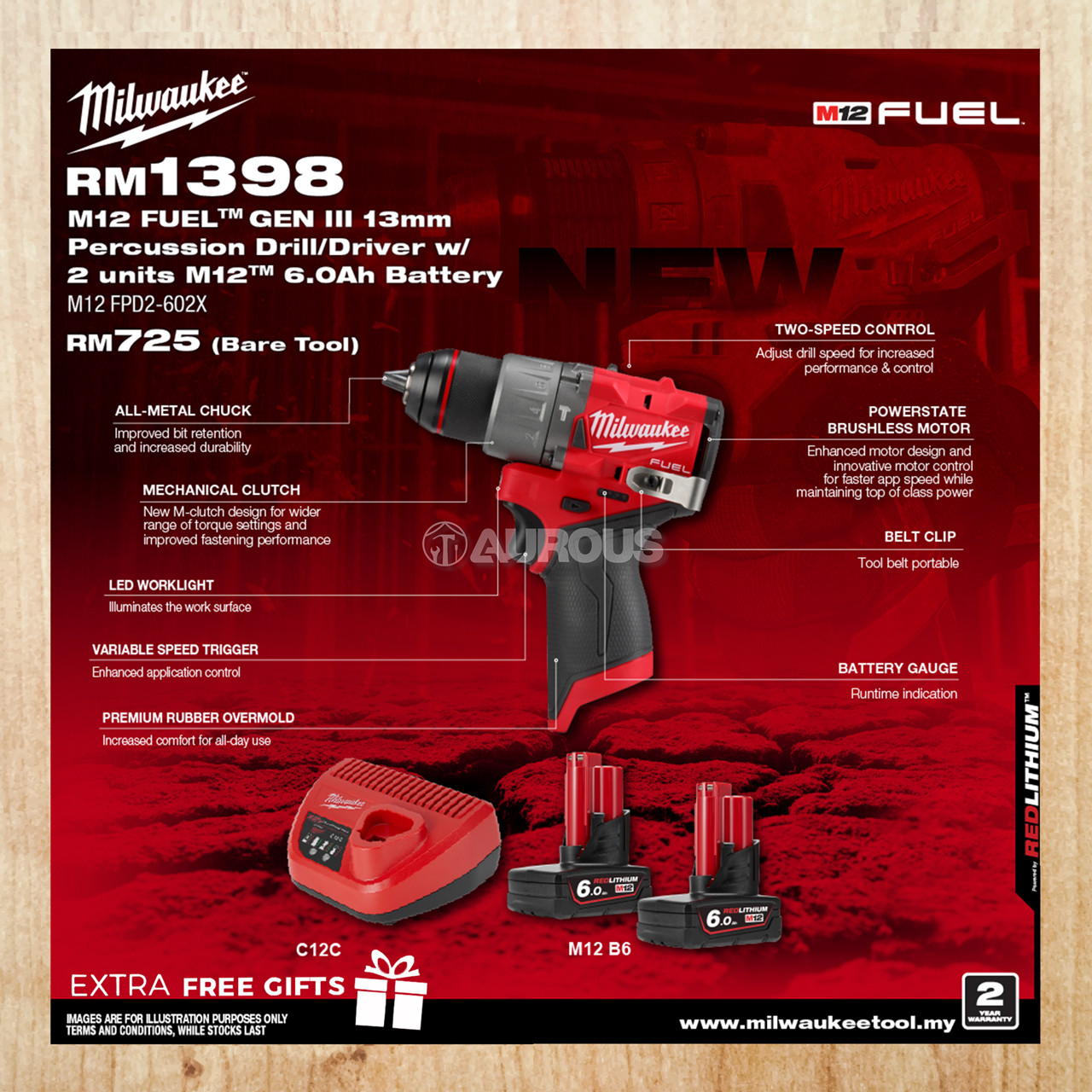MILWAUKEE M12 FUEL GEN 3 13MM PERCUSSION HAMMER DRILL/DRIVER (M12 FPD2-0 / M12 FPD2-602X ...