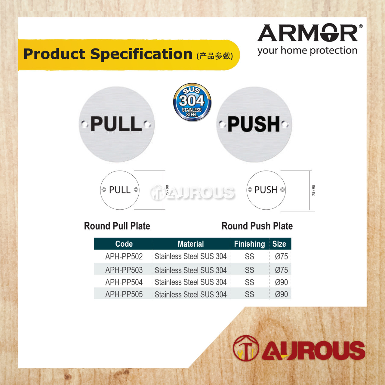 ARMOR STAINLESS STEEL SUS304 DOOR ROUND PULL PLATE / PUSH PLATE Ø75 ...