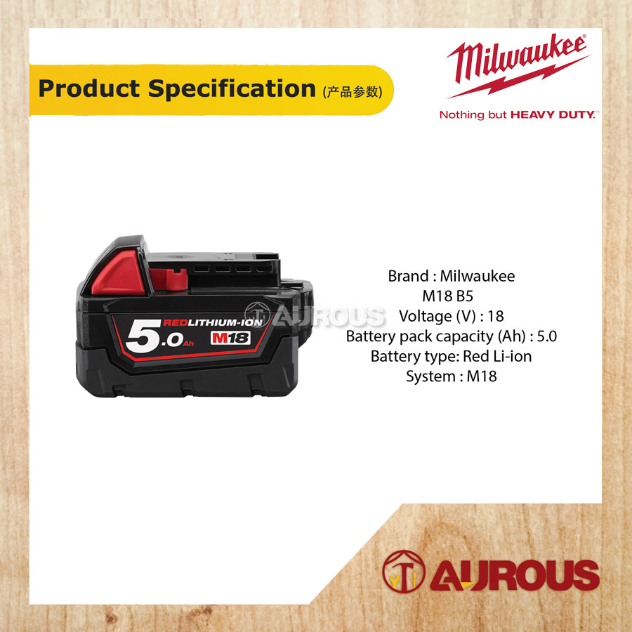 MILWAUKEE M18 5.0Ah RED REDLITHIUM-ION BATTERY M18 B5 - Aurous Hardware ...