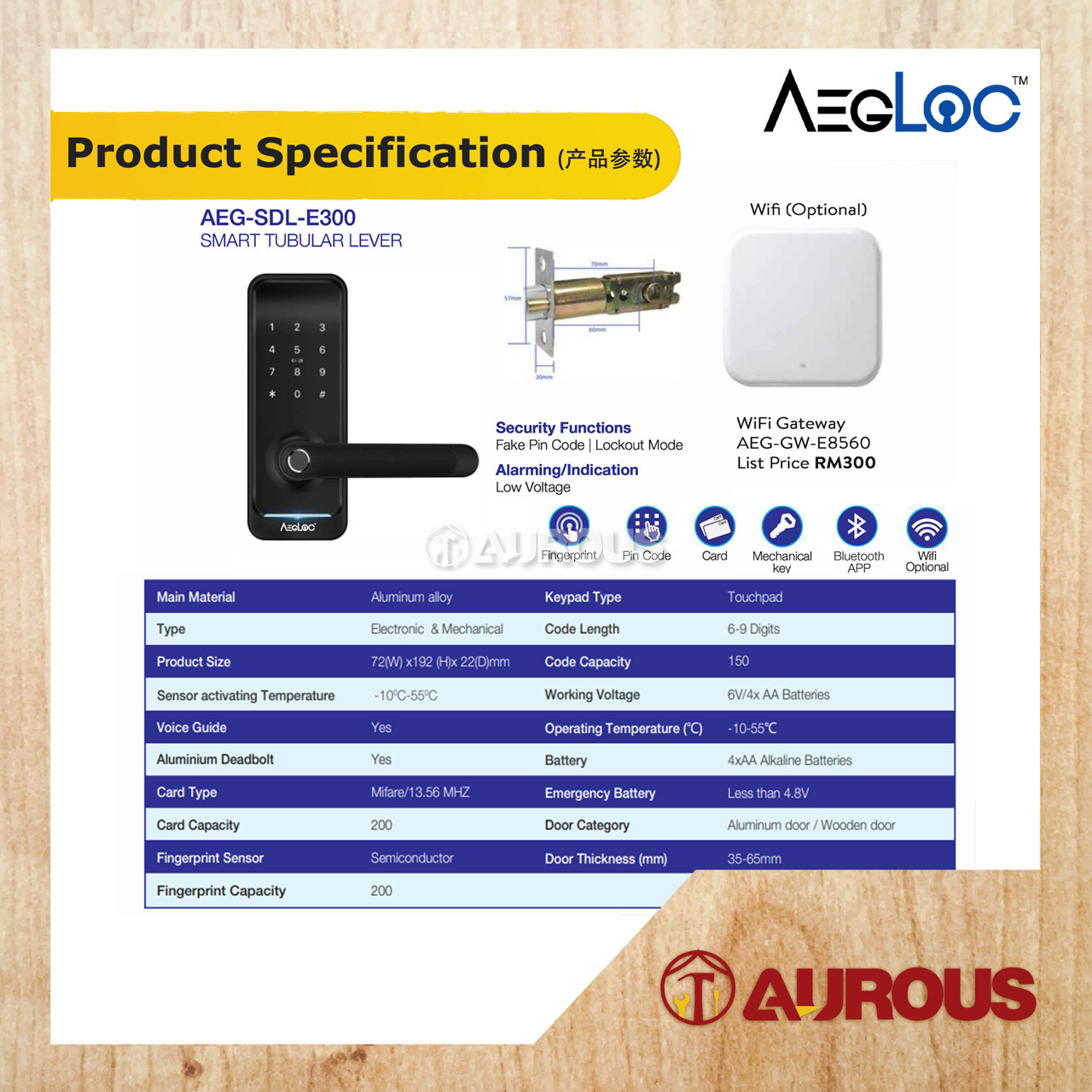 ARMOR AEGLOC DIGITAL SECURITY DOOR LOCK BLACK SMART TUBULAR LEVER (AEG-SDL-E300) (WIFI OPTIONAL ...