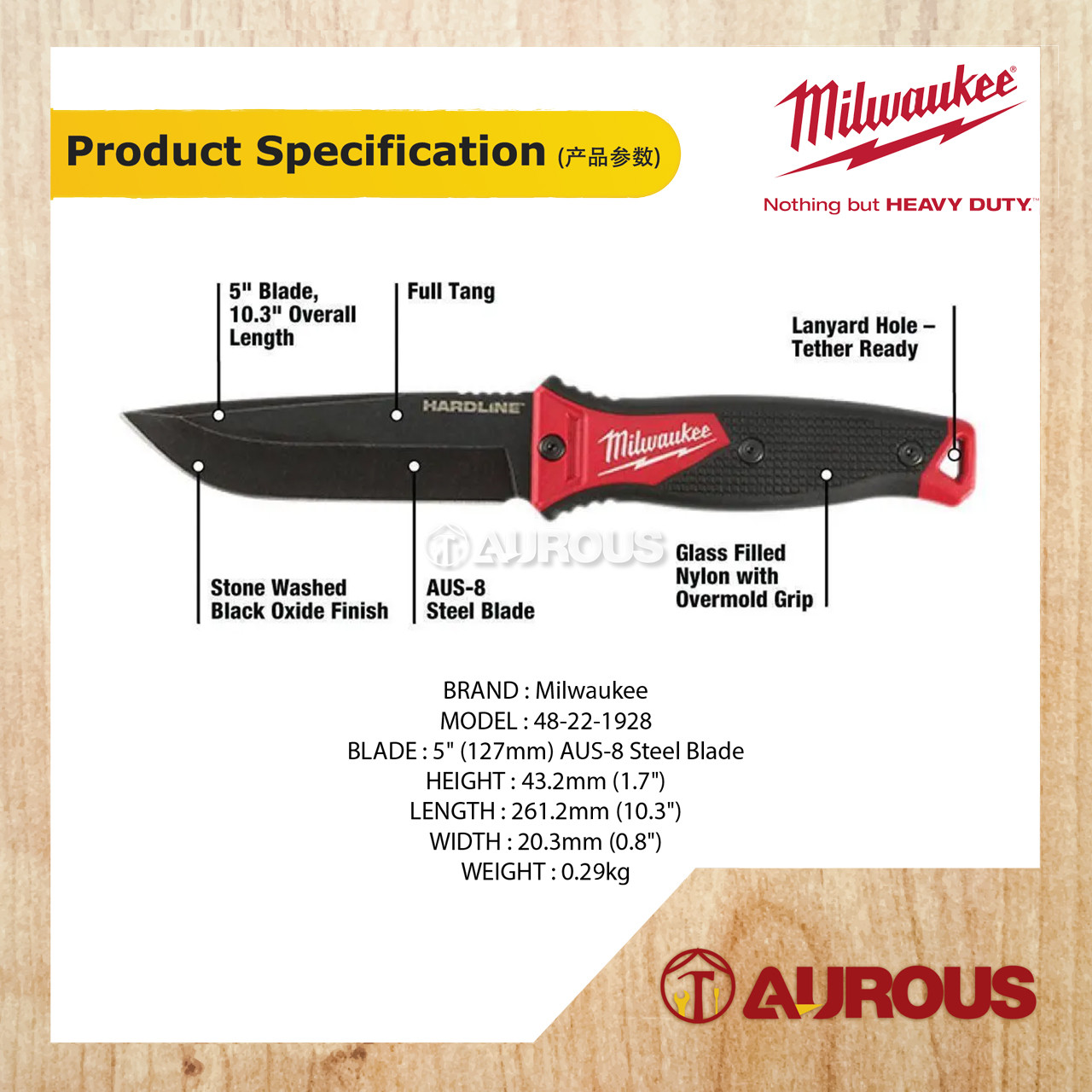 MILWAUKEE HARDLINE FIXED BLADE KNIFE WITH SHEATH 5'' (48-22-1928 ...