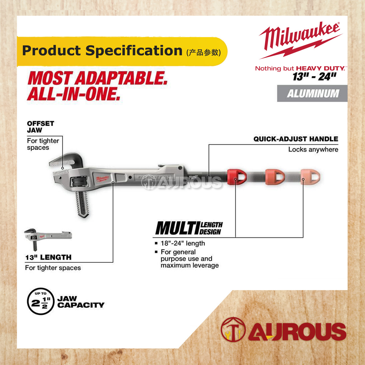 MILWAUKEE CHEATER ALUMINIUM OFFSET ADAPTABLE PIPE WRENCH (13 - 24'') 48 ...