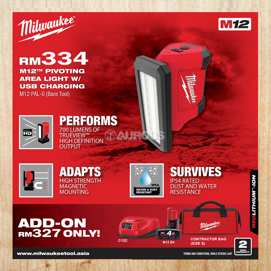 MILWAUKEE M12 PIVOTING AREA LIGHT WITH USB CHARGING 700 LUMEN M12 PAL-0 ...