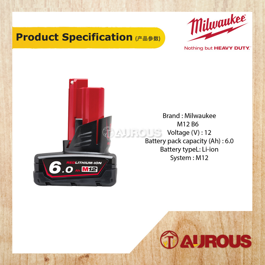 MILWAUKEE M12 6.0Ah RED REDLITHIUM-ION BATTERY M12 B6 - Aurous Hardware ...