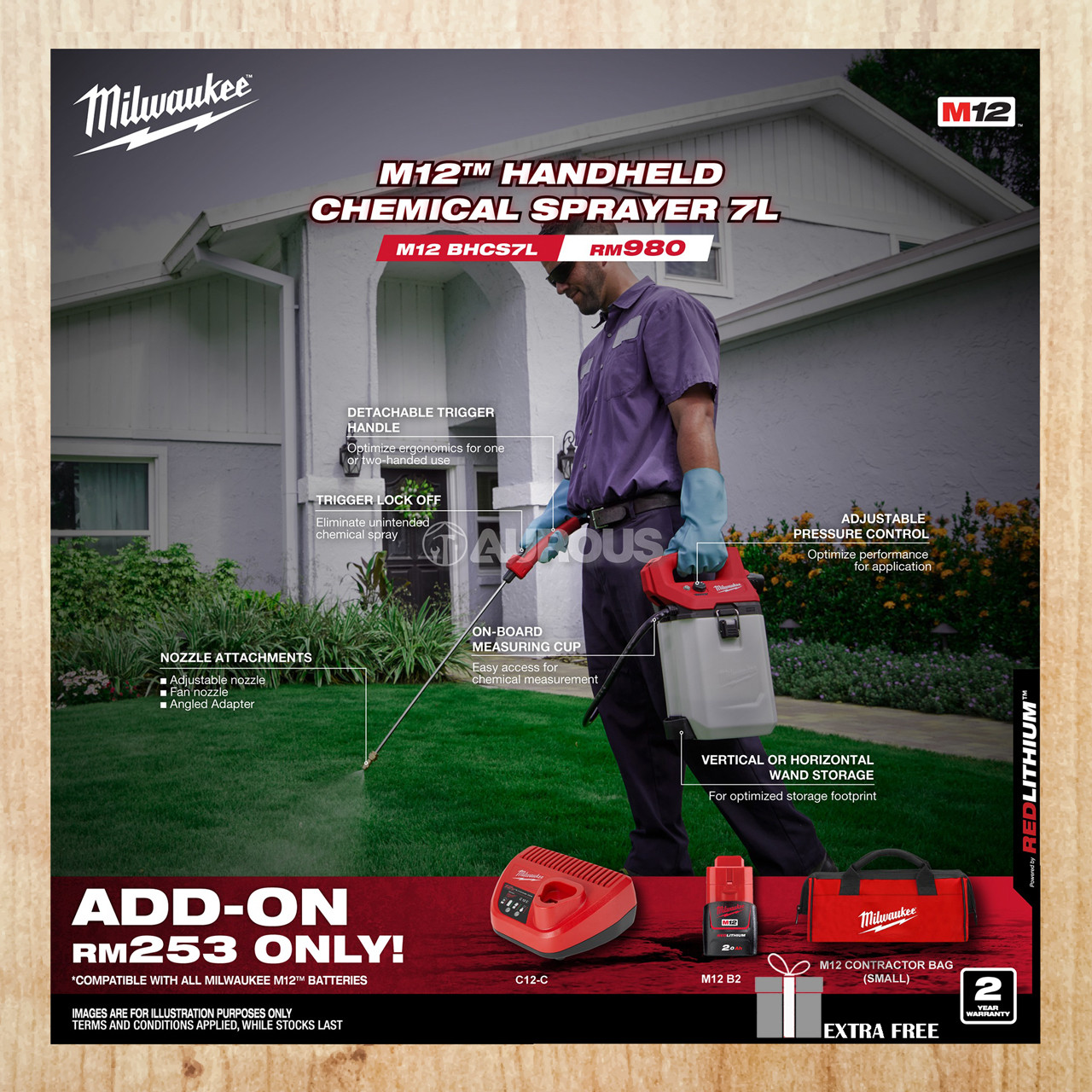 MILWAUKEE M12 HANDHELD CHEMICAL SPRAYER 7 LITRE M12 BHCS7L-0 (BARE TOOL ...