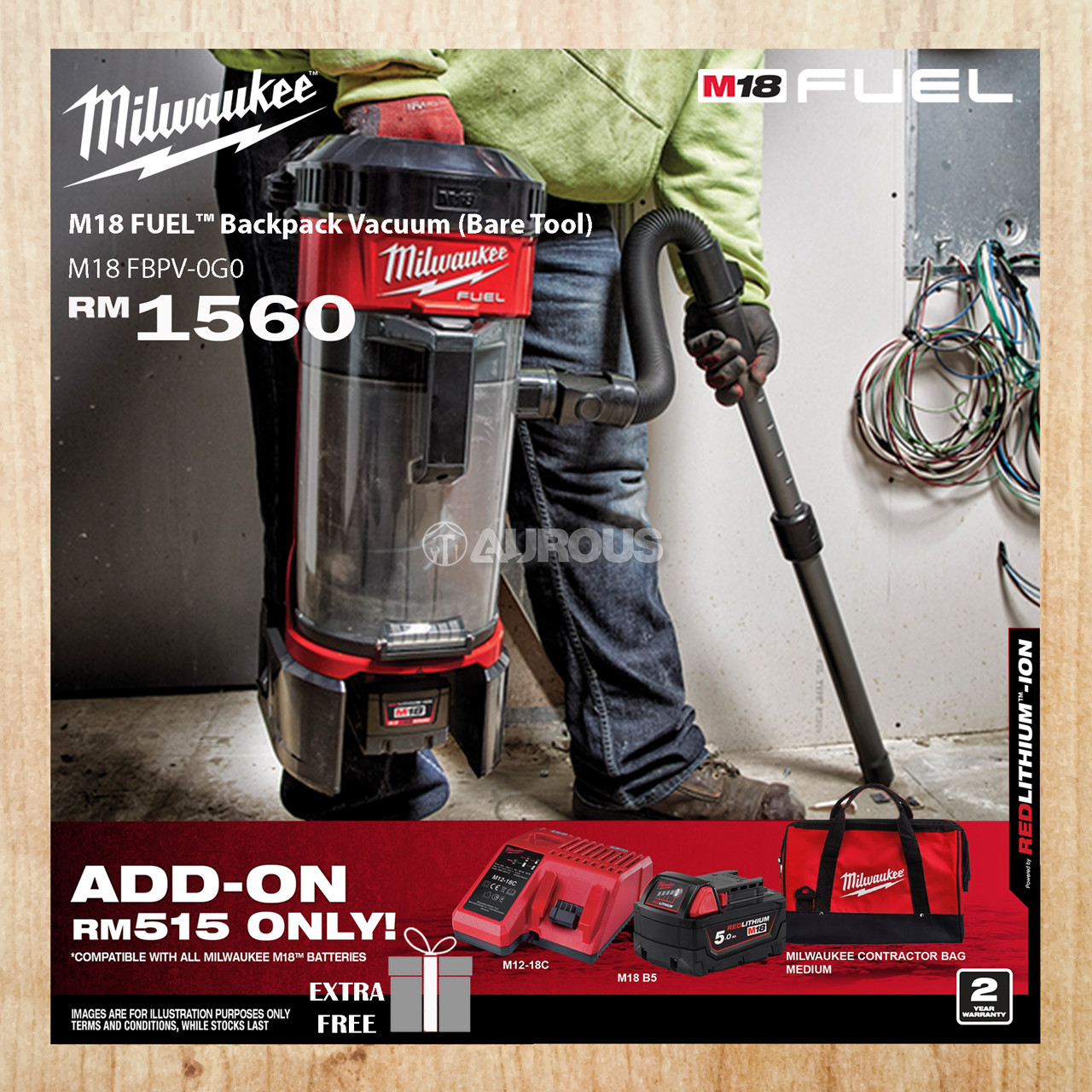 MILWAUKEE M18 FUEL BACKPACK VACUUM WITH HEPA FILTER M18 FBPV-0G0 (BARE ...