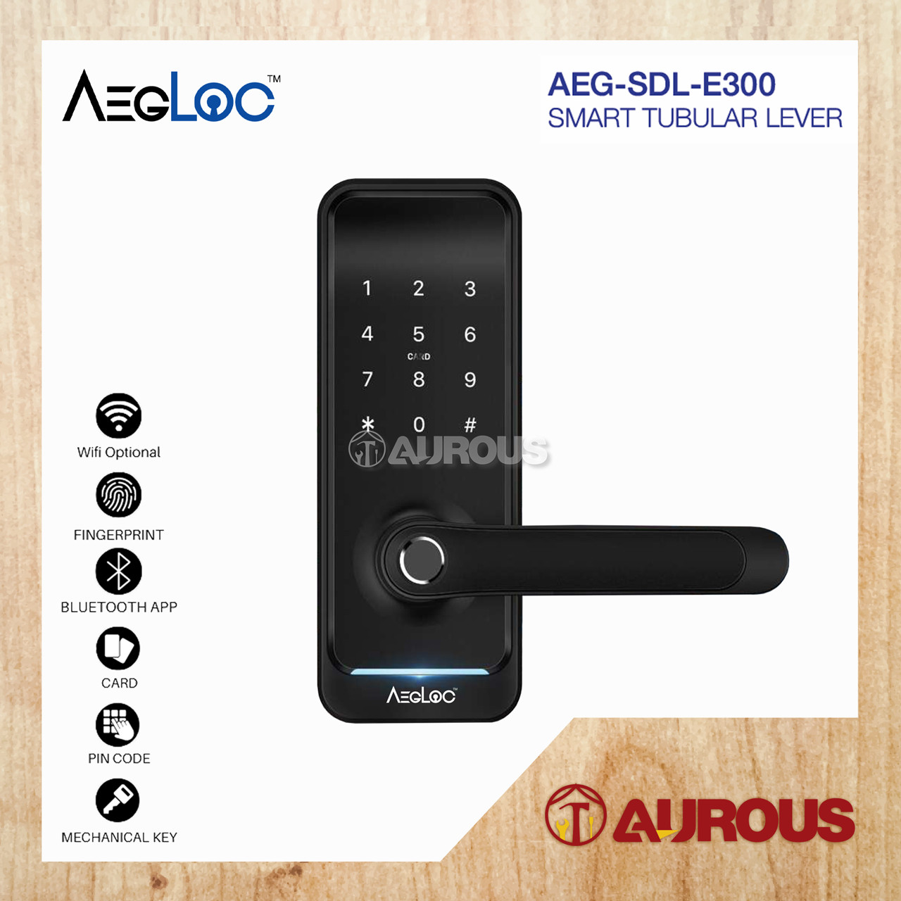 ARMOR AEGLOC DIGITAL SECURITY DOOR LOCK BLACK SMART TUBULAR LEVER (AEG-SDL-E300) (WIFI OPTIONAL ...