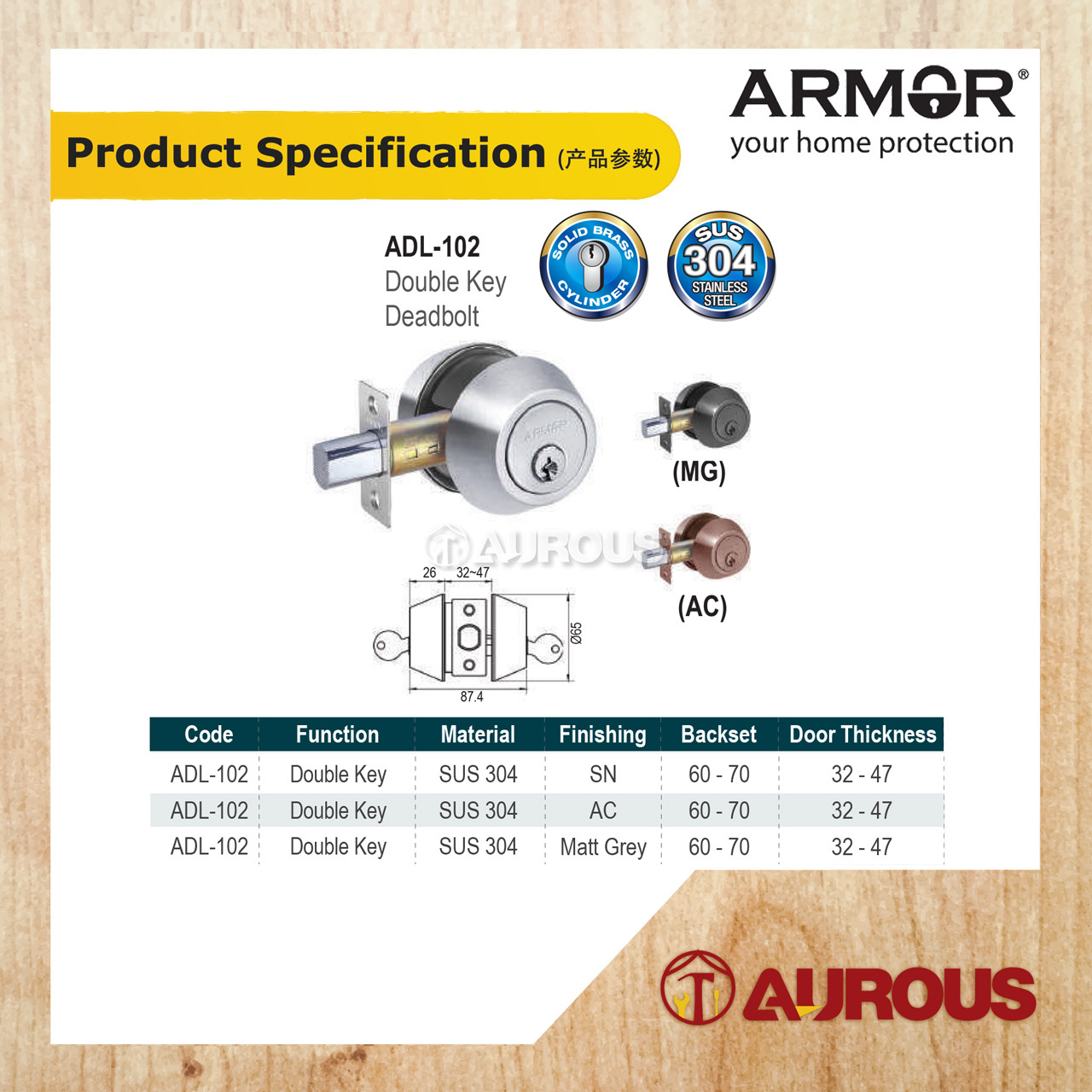 ARMOR STAINLESS STEEL SUS304 60-70MM DOUBLE KEY DEADBOLT LOCK ADL-102 ...