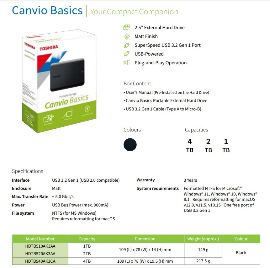 Toshiba Portable External Hard Drive CANVIO BASICS (A5) USB 3.0 - MSL Digital Online Store