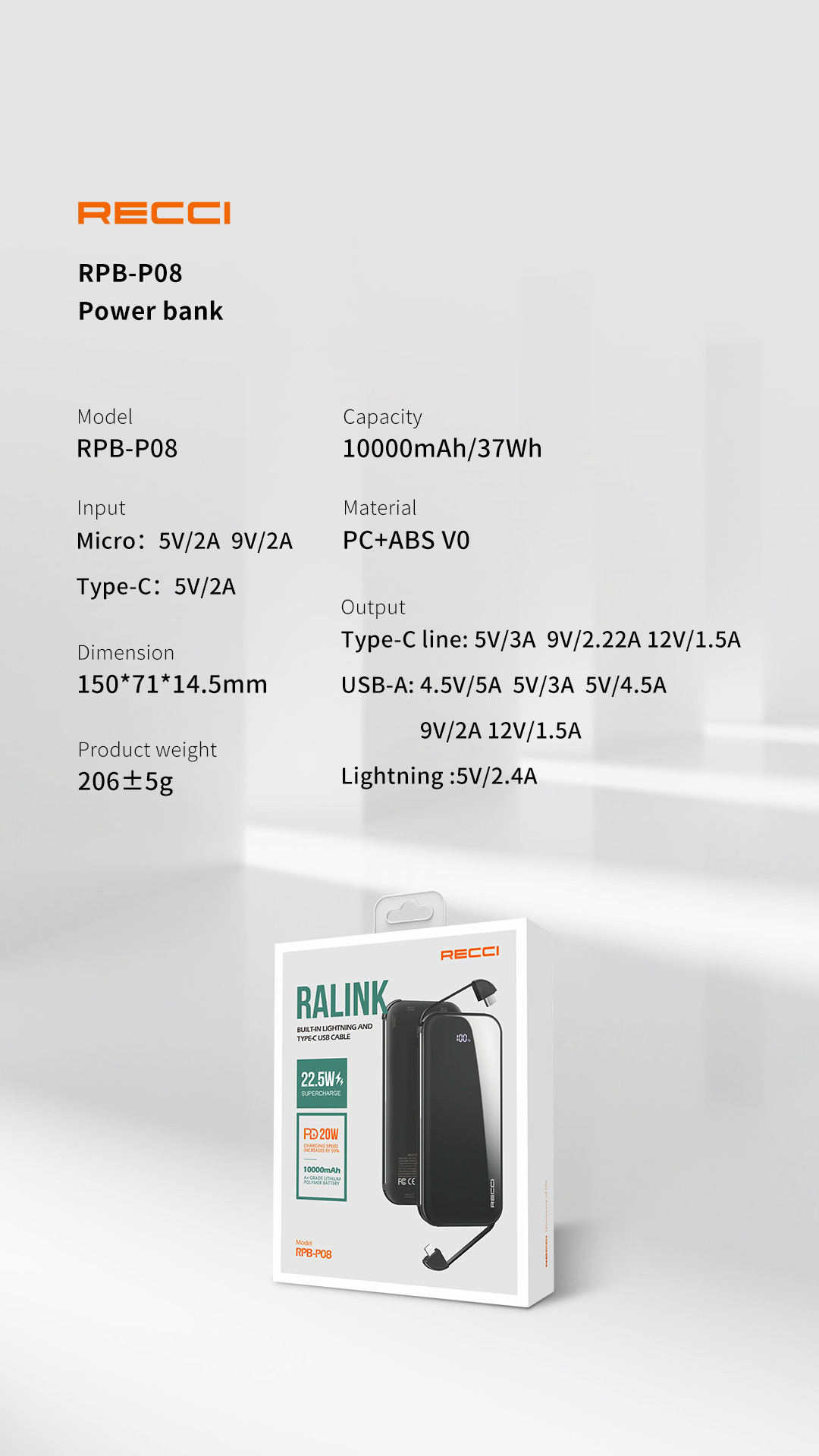 RECCI RPB-P08 PD 20W + 22.5W POWER BANK 10000MAH (BUILT-IN TYPE-C ...