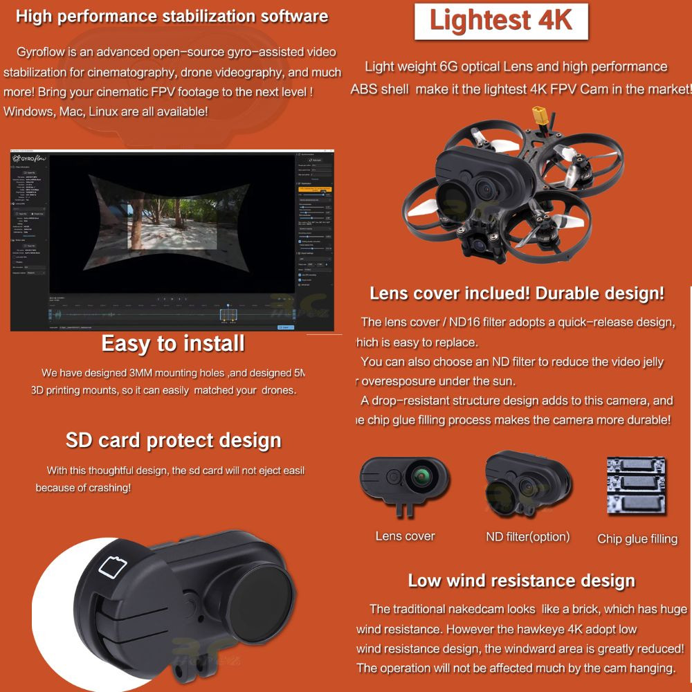 Hawkeye Thumb 4K HD FPV Camera 5-23V FOV 170 Degree 15.5g with Gyroflow ...