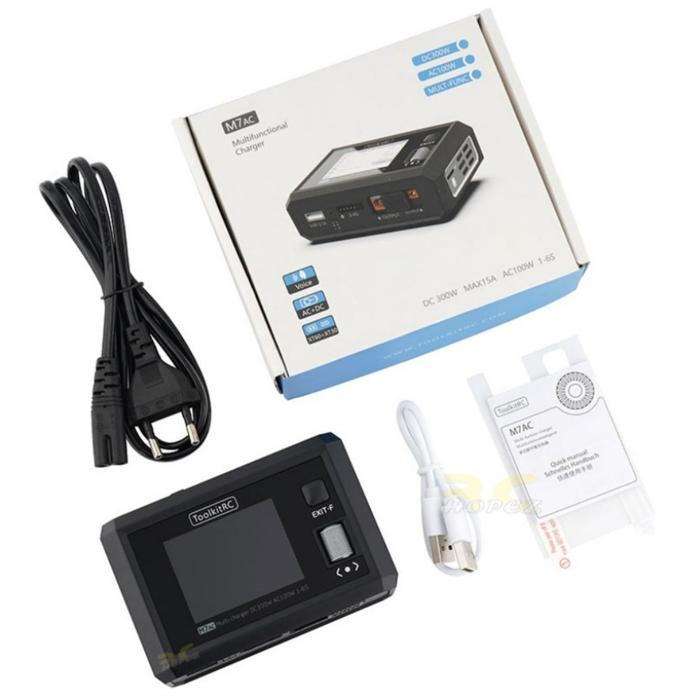 ToolkitRC M7AC 100W AC/300W DC 15A 2-6S Smart Balance Charger with XT30/XT60 Output – EU Plug TK ...