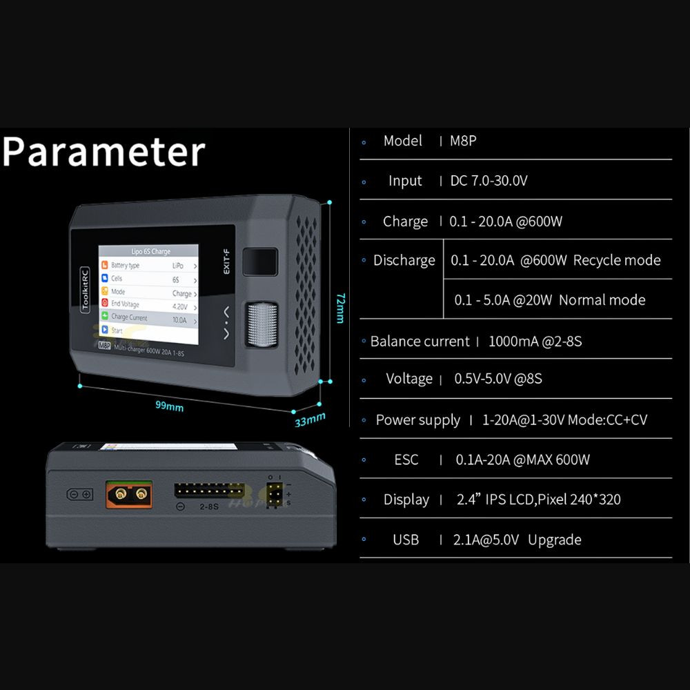 ToolkitRC M8P 600W 20A 2.4” IPS LCD 1-8S DC Smart Balance Charger Discharger+ADP100 for Lipo ...