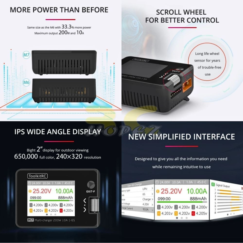ToolkitRC M7 200W 10A 2” IPS LCD 2-6S DC Smart Balance Charger Discharger + ADP100 for Lipo LiHV ...