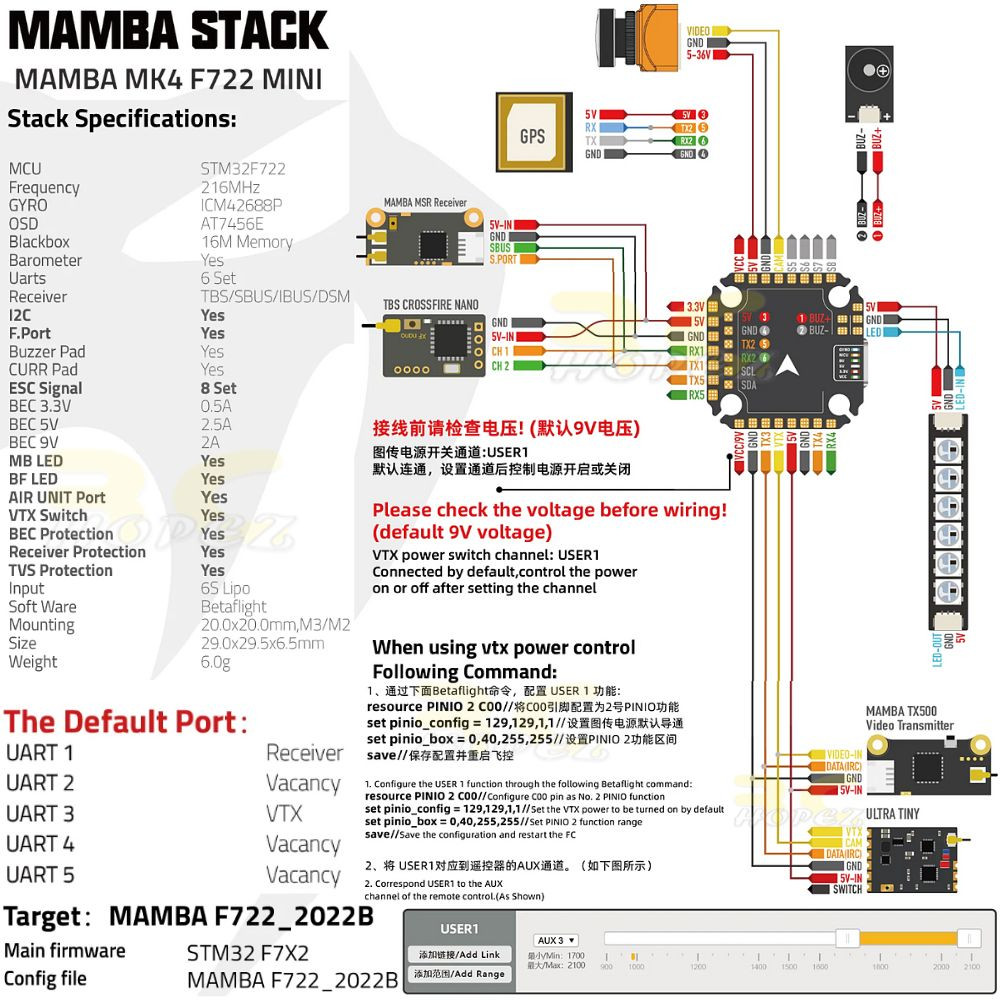 Diatone MAMBA (20×20) MK4 F722 MINI + F55/F65-128K BL32 MINI ESC 6S 32bit Dshot300/600/1200 ...