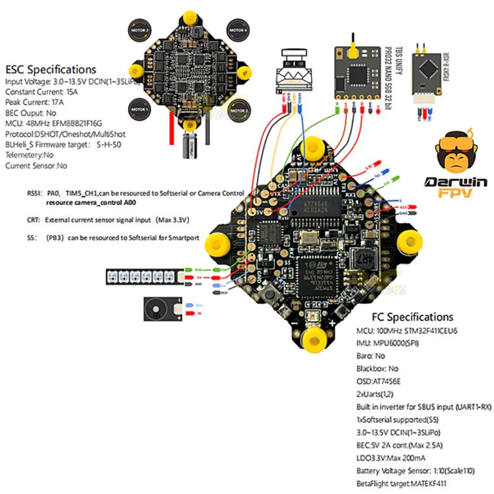 DarwinFPV Darwin F411 FC + 15A ESC 1-3S AIO Ultralight/Whoop Darwin 25. ...