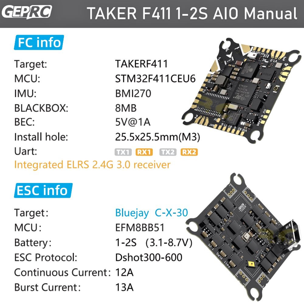 GEPRC TAKER F411-12A-E AIO 1-2S F411 FC 12A 4in1 ESC (25.5×25.5mm) for ...