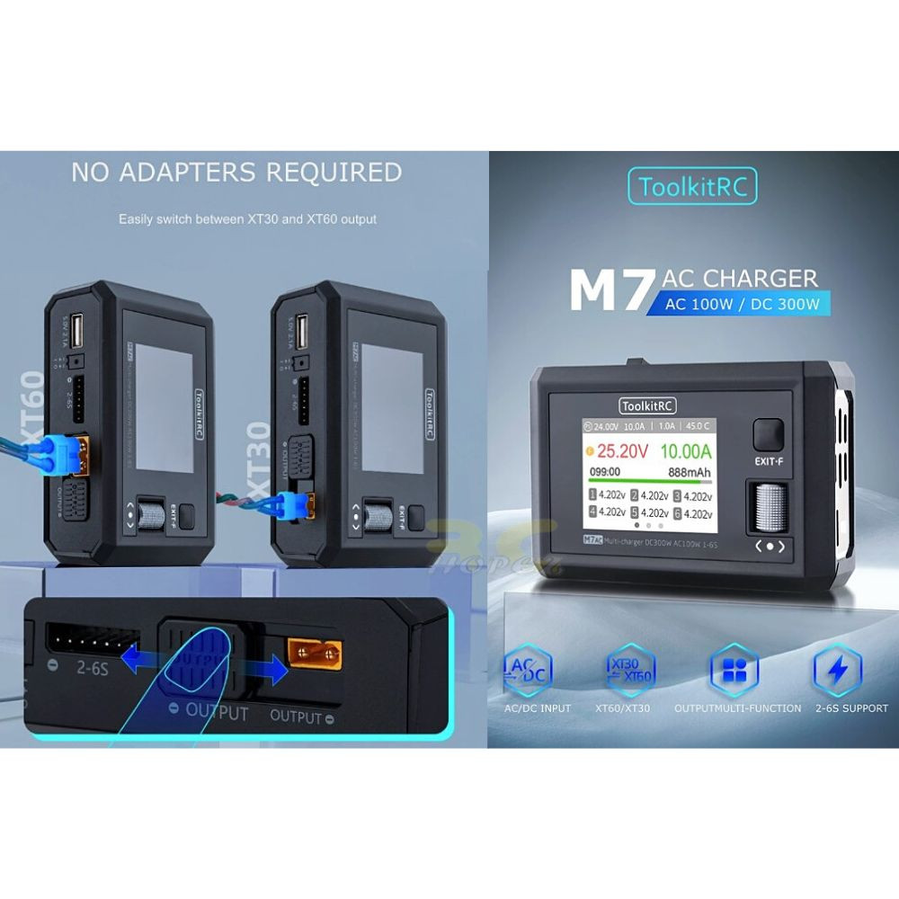 ToolkitRC M7AC 100W AC/300W DC 15A 2-6S Smart Balance Charger with XT30 ...