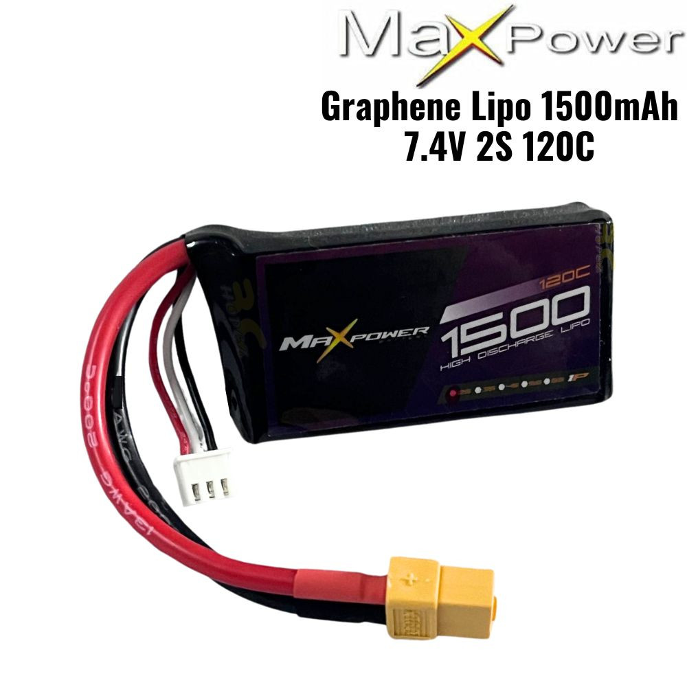 Maxpower Graphene Lipo 7.4V 1500mAh 120C 2S Lipo Battery with XT60 Plug MP1512-2G – RC HOPEZ