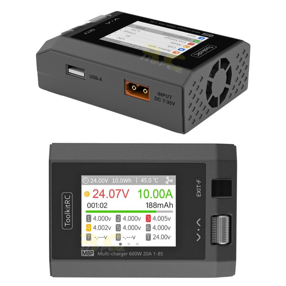 ToolkitRC M8P 600W 20A 2.4” IPS LCD 1-8S DC Smart Balance Charger Discharger+ADP100 for Lipo ...