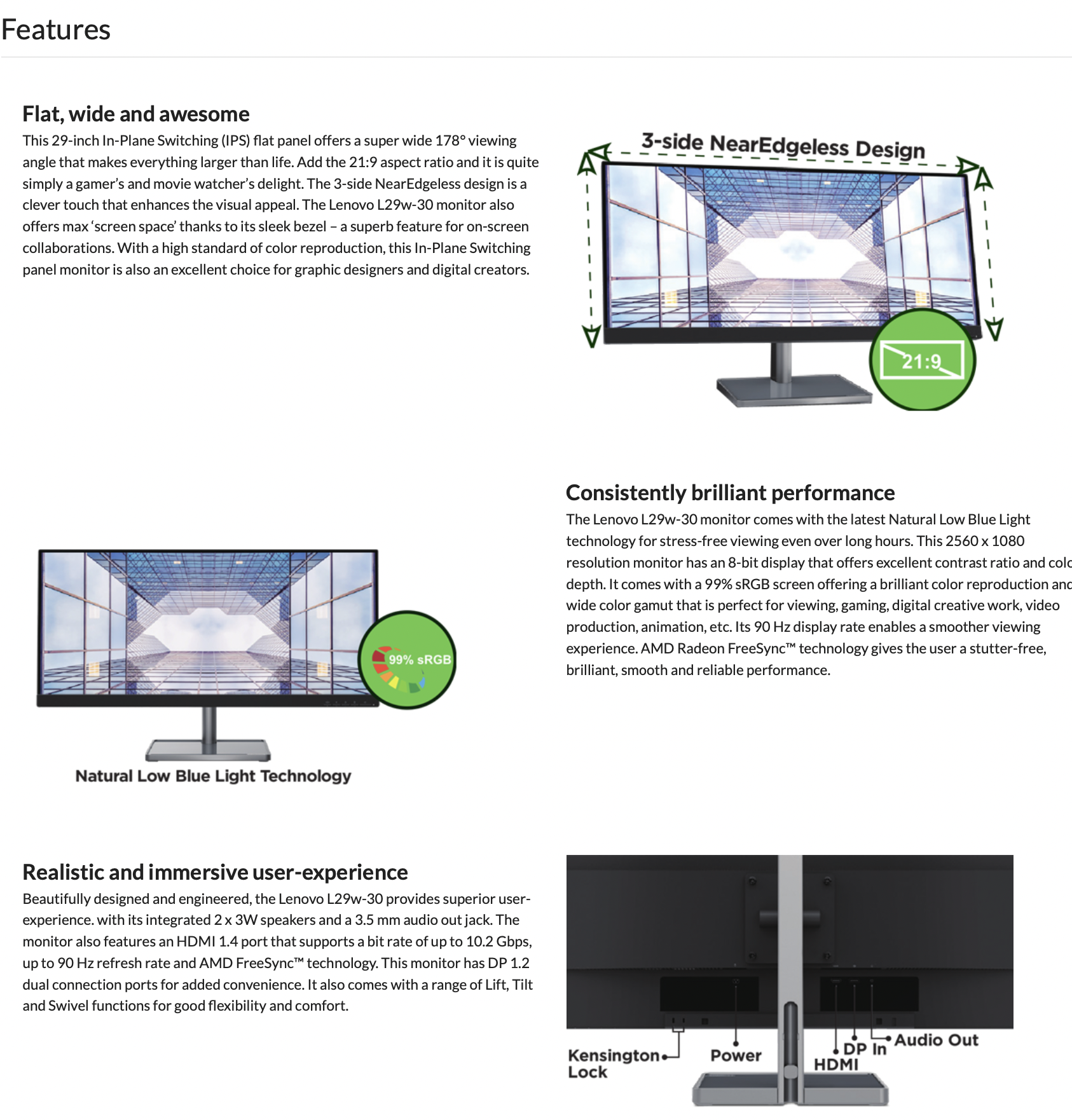 Lenovo 29" L29W-30 IPS FHD 90Hz 4ms AMD Freesync Build In Speaker ...