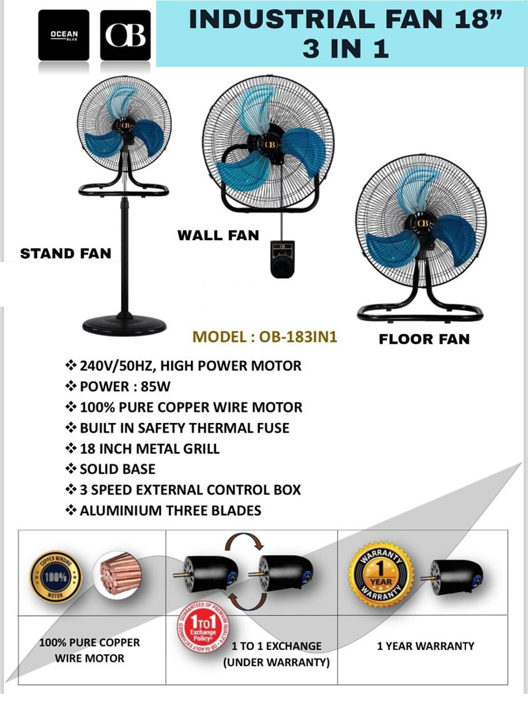 OCEAN BLUE 18 Inch 3-in-1 Industrial Stand / Wall / Floor Fan OB-183IN1 ...