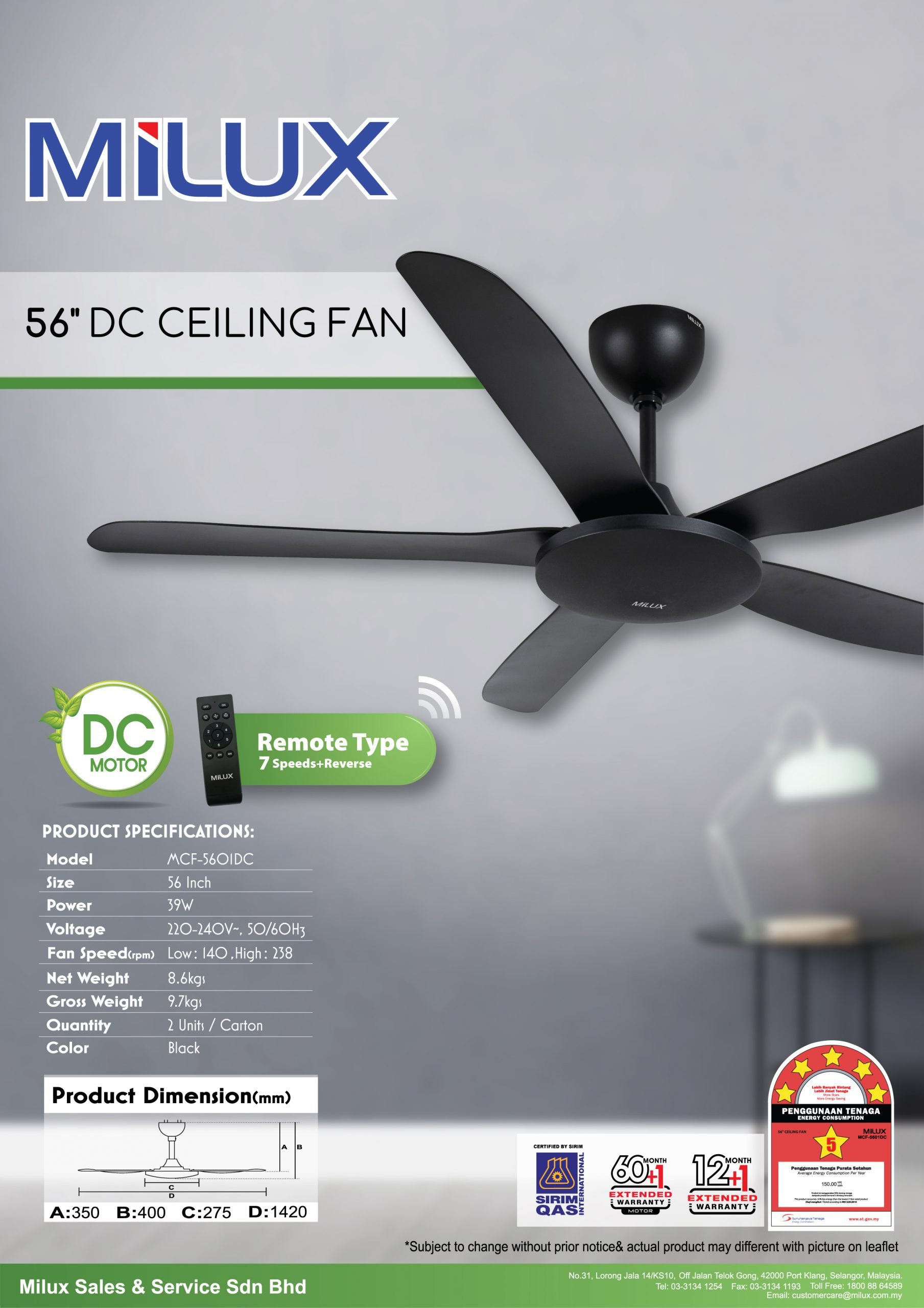 MILUX 56" Ceiling Fan MCF-5601DC | With Remote Control Timer Energy ...