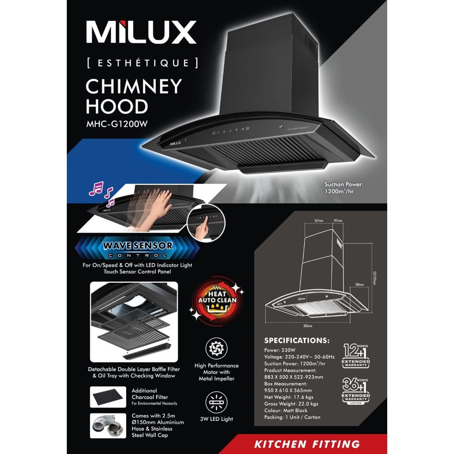 MILUX Esthetique Chimney Hood MHC-G1200W | High Performance Motor Wave ...