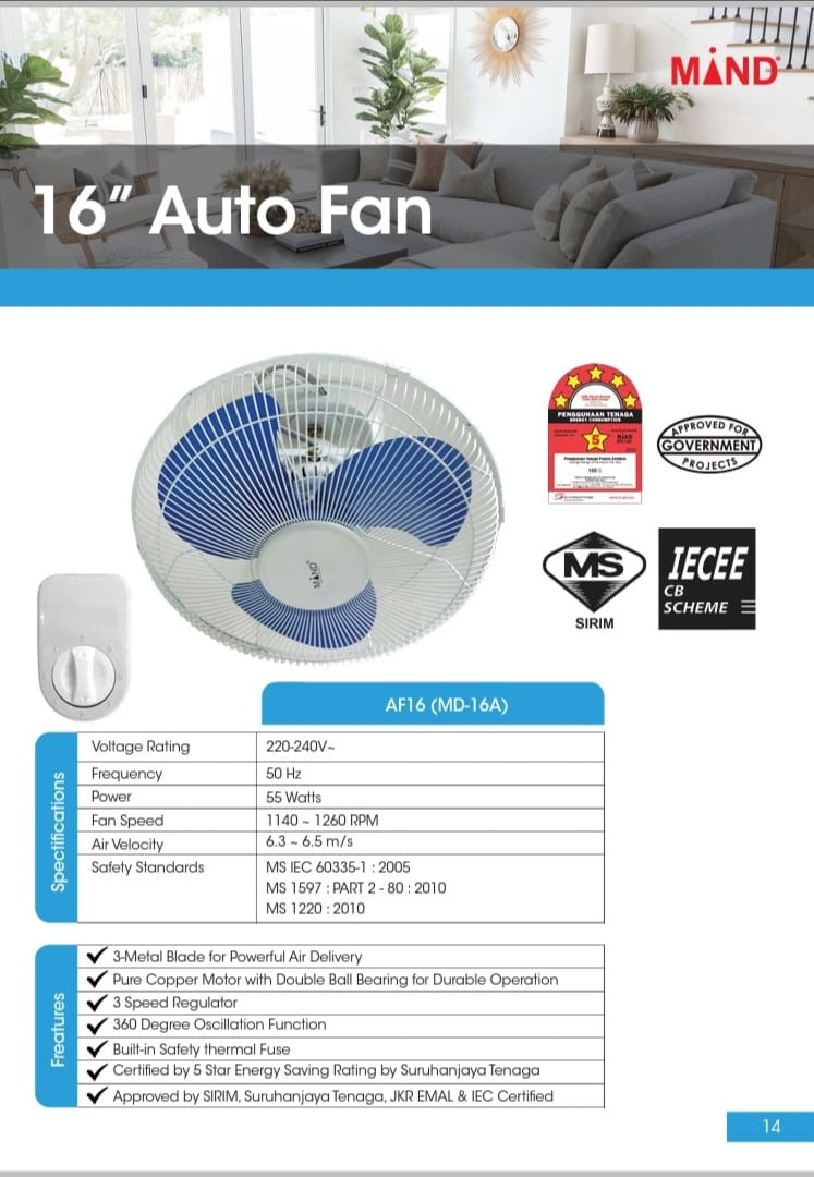 MIND 16 Inch Auto Fan MD-16A | 5-Star Energy Saving - 1NOWmy Digimate ...