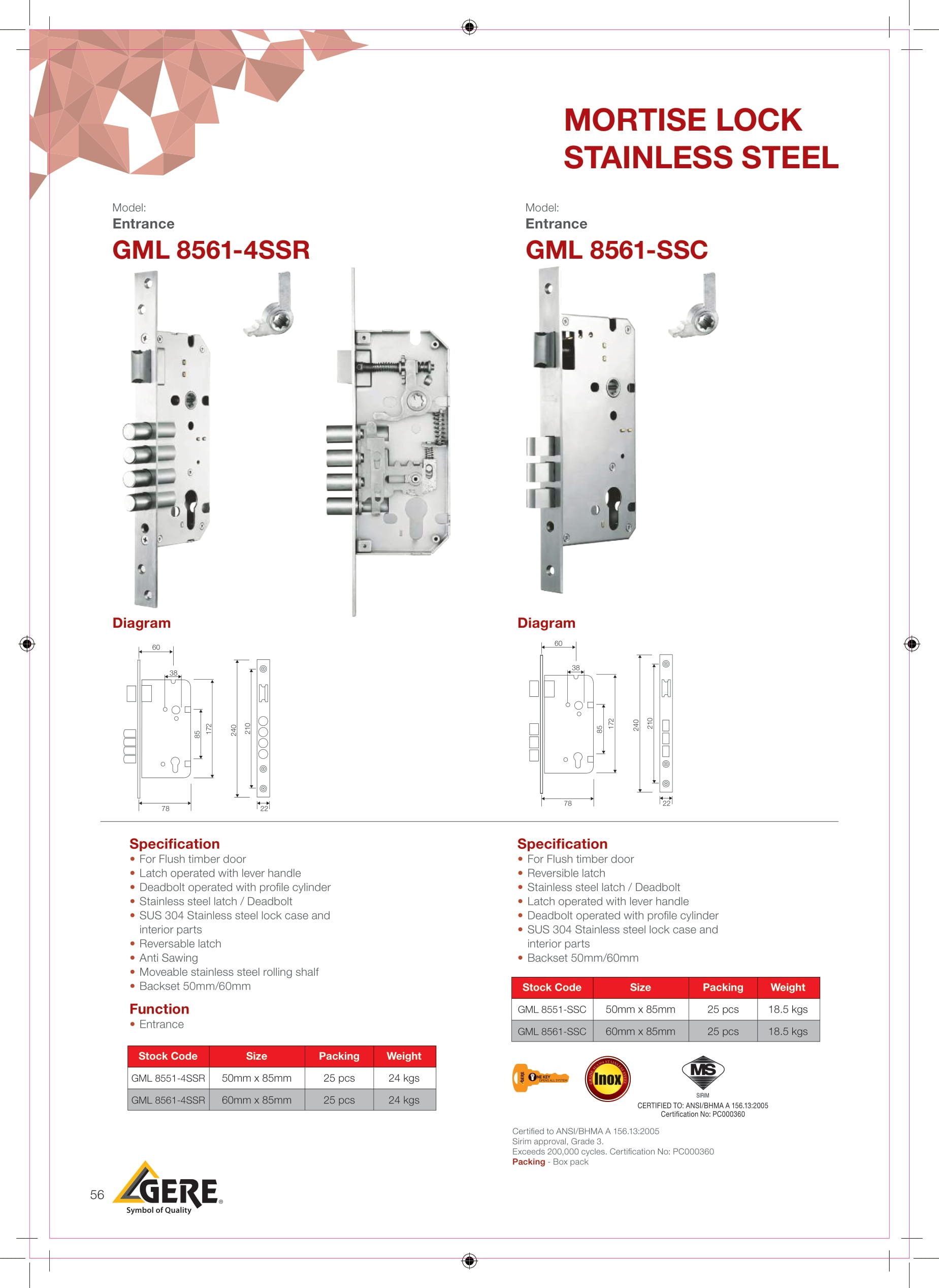 GERE G1007, GML-8561, GC601S HOLLOW LIVER HANDLE C/W MORTISE CASE ...