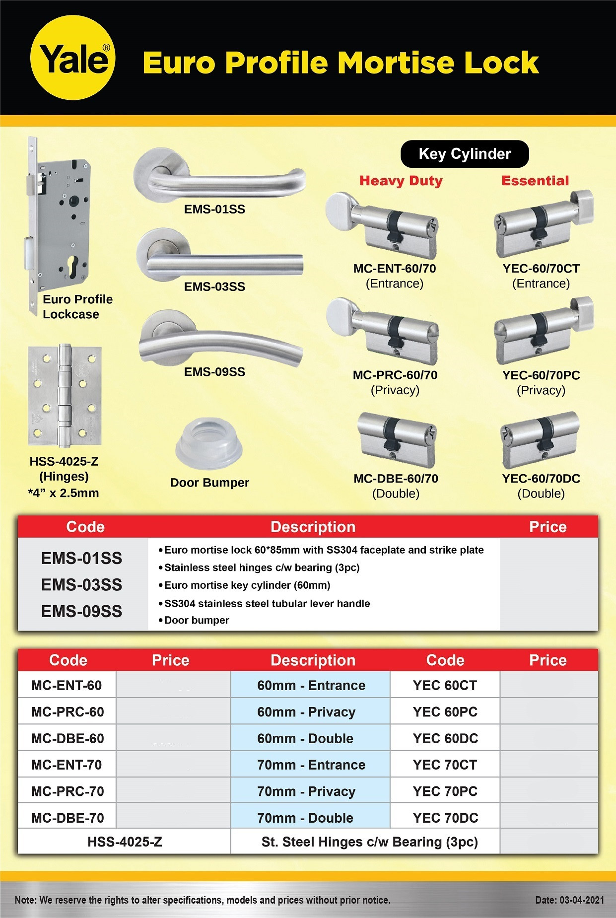 Yale Euro Profle Mortise Lock YEC-60CT Essential Euro Key Cylinder ...