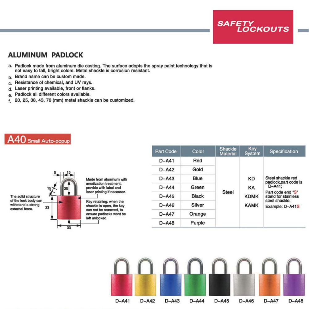 LOTO Safety Lockout Padlock A40 Corrosion Resistant Aluminum Padlock ...