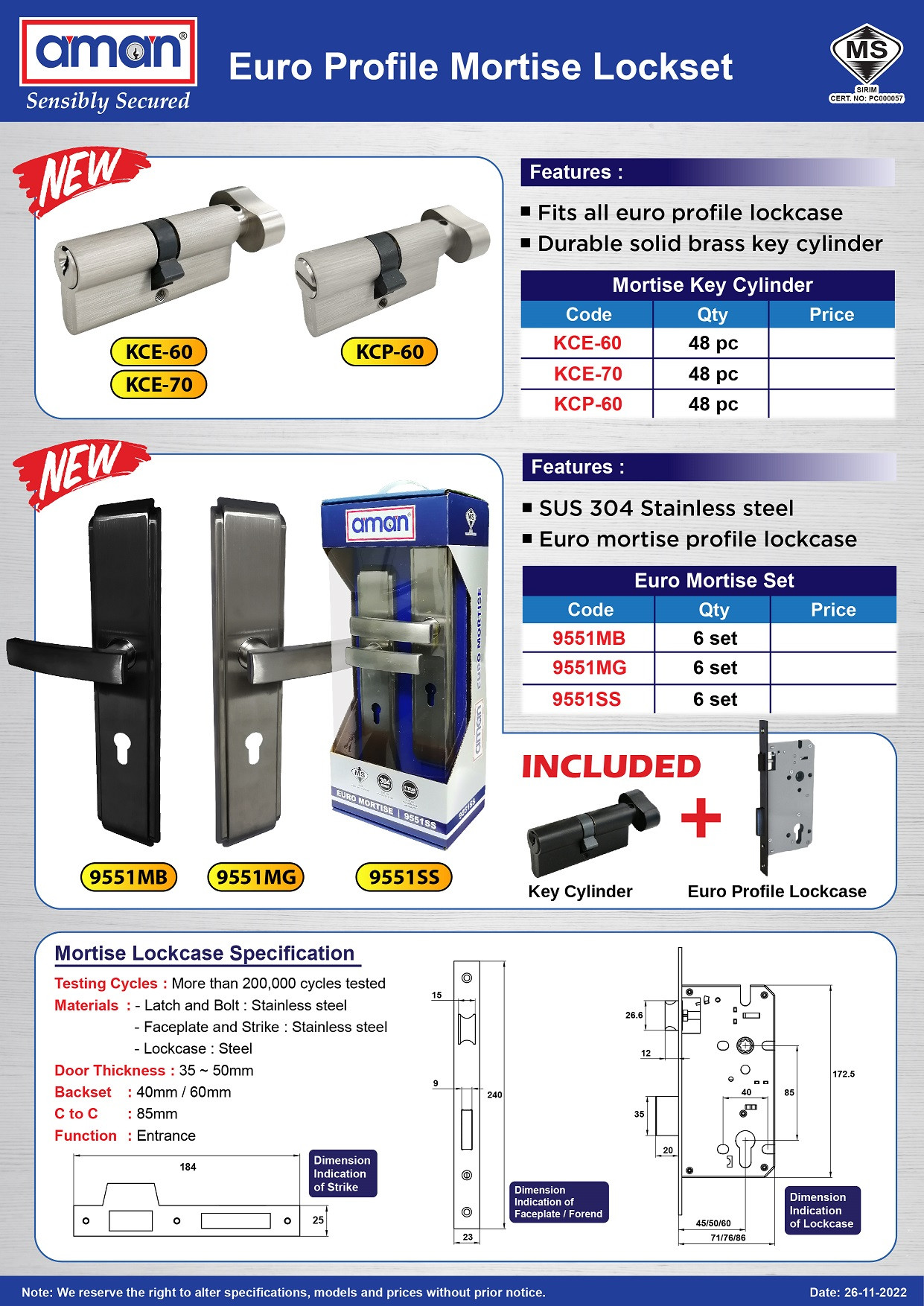 Aman 9551SS, 8560, KCE-70 Euro Profile Mortise Lockset - Pepper Spray Malaysia- Personal Safety ...