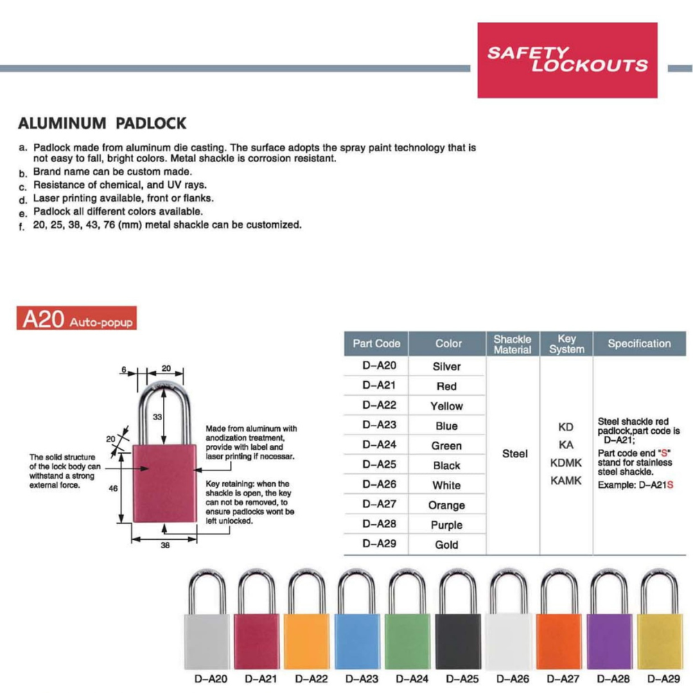 LOTO Safety Lockout Padlock A20 Corrosion Resistant Aluminum Padlock ...