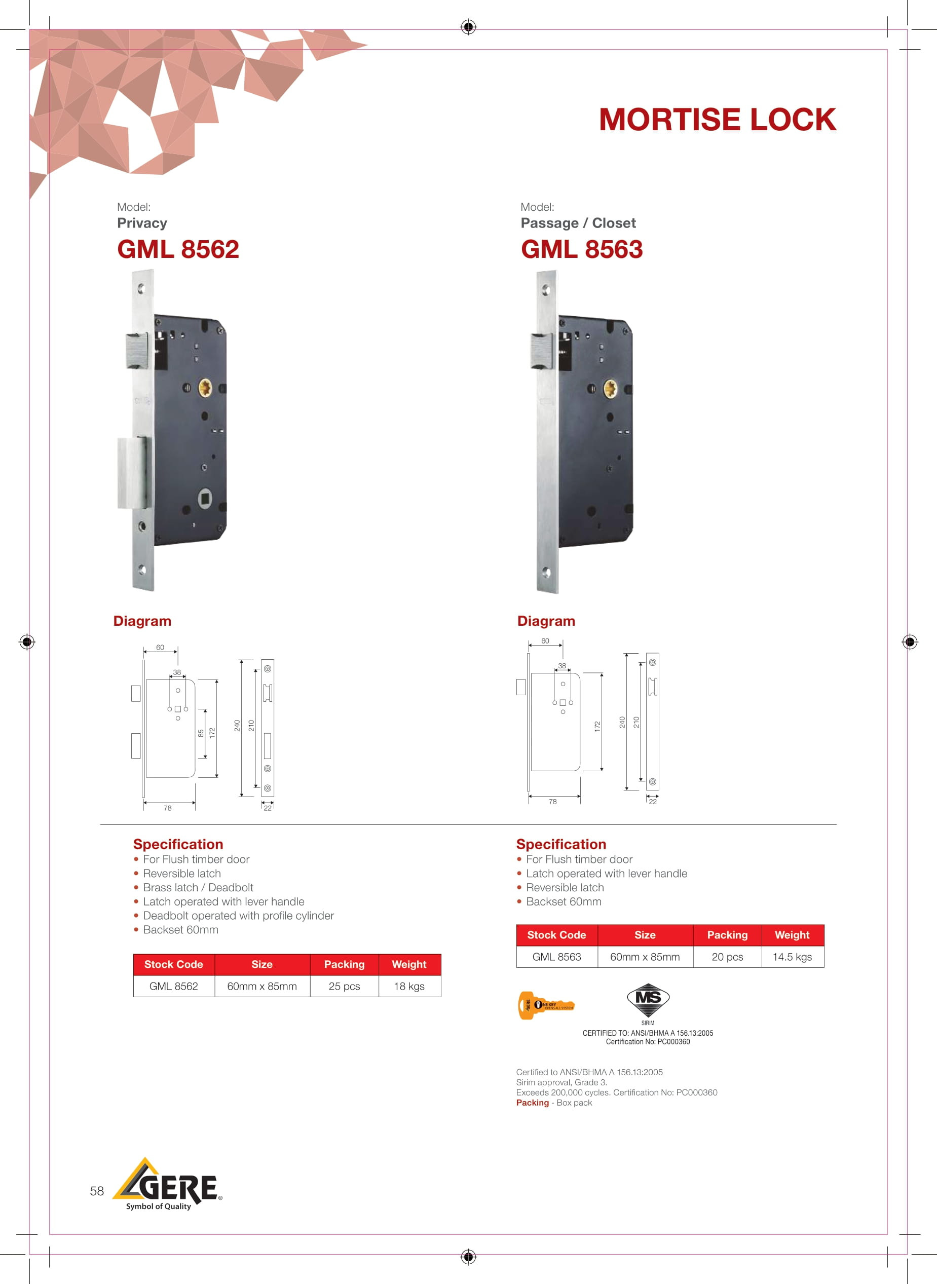 GERE G1007, GML-8561, GC601S HOLLOW LIVER HANDLE C/W MORTISE CASE ...