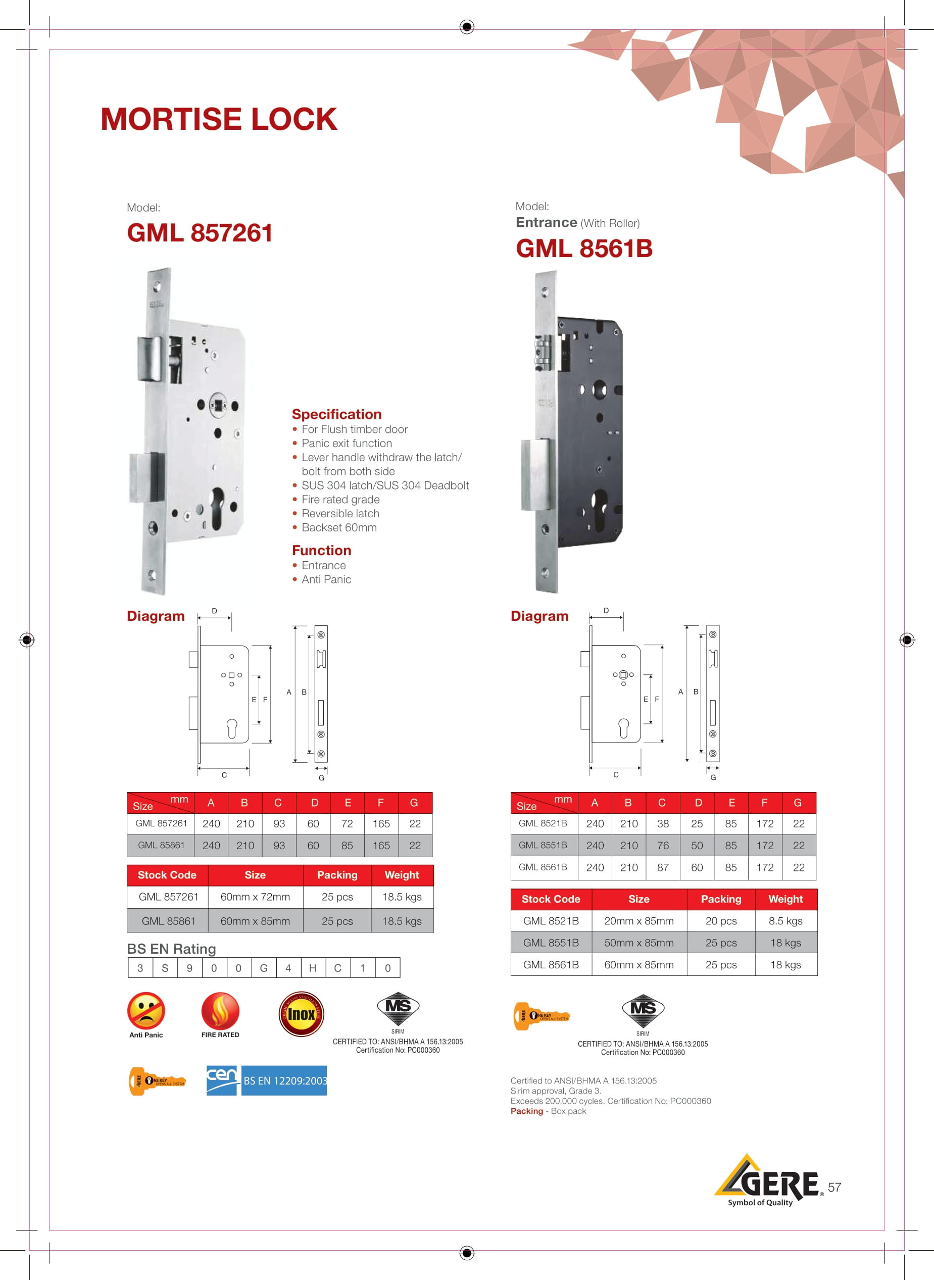GERE G1007, GML-8561, GC601S HOLLOW LIVER HANDLE C/W MORTISE CASE ...